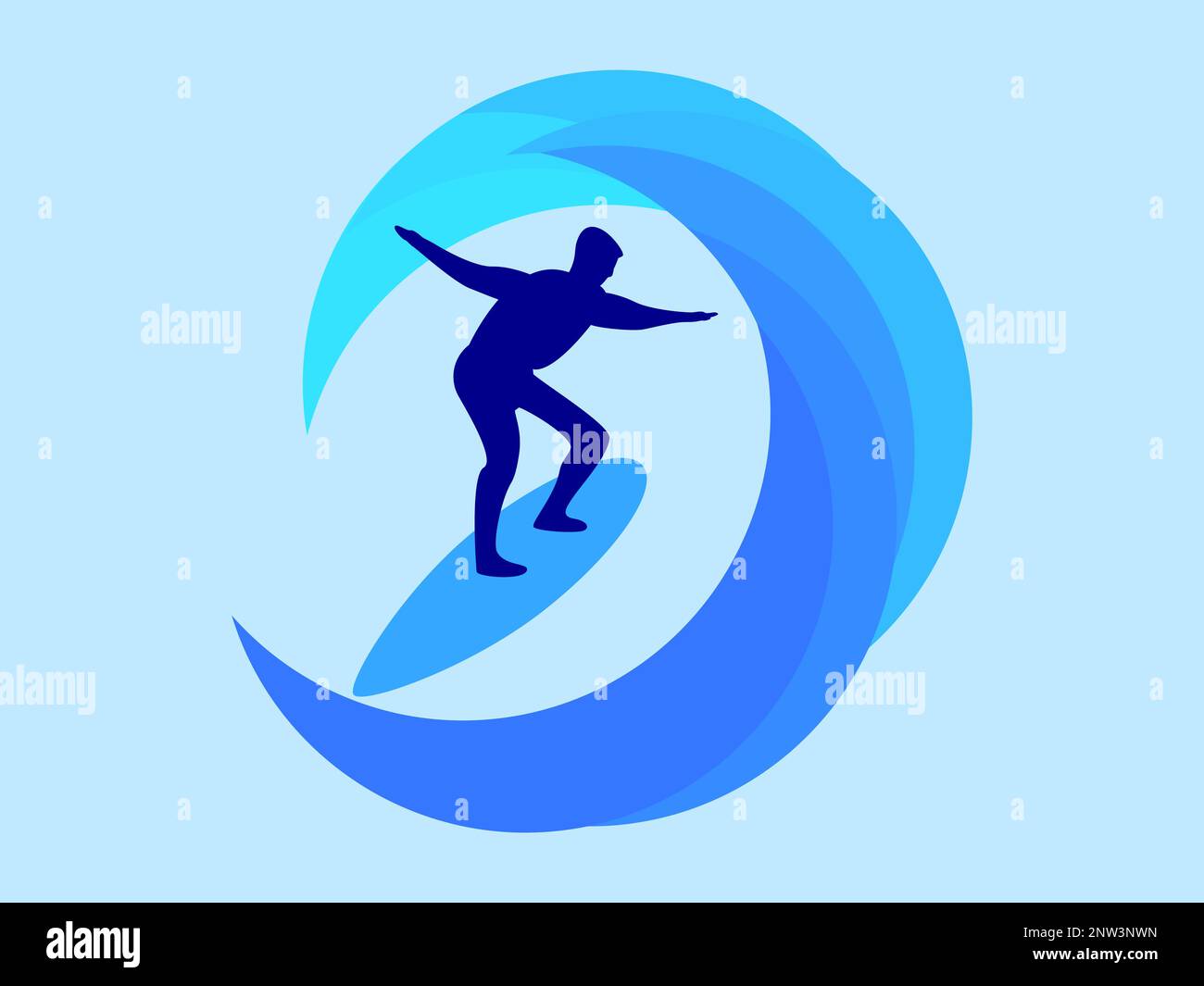 Silhouette of a surfer on a surfboard. Wave riding, active recreation ...