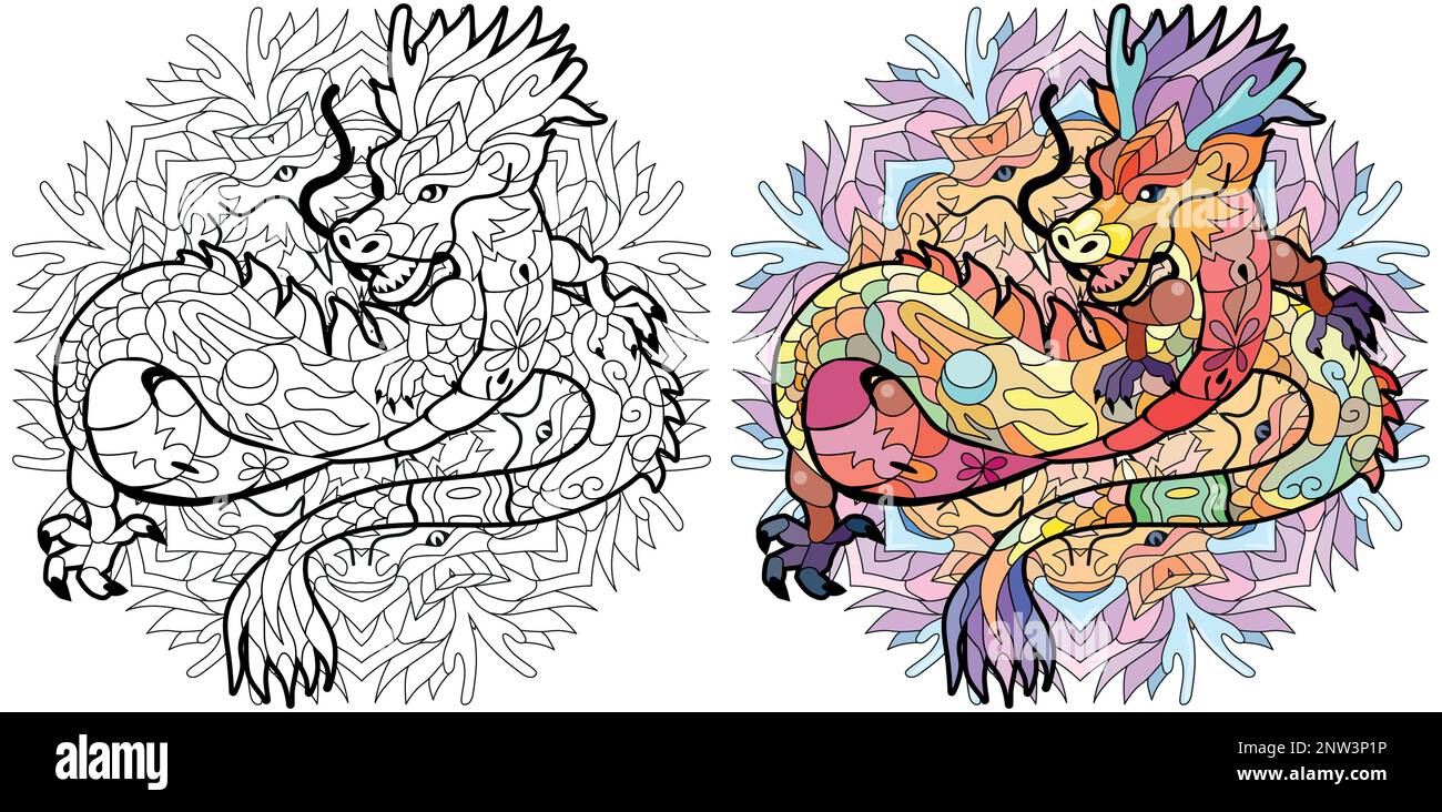 Zentangle dragon on mandala for coloring. Hand drawn decorative vector ...