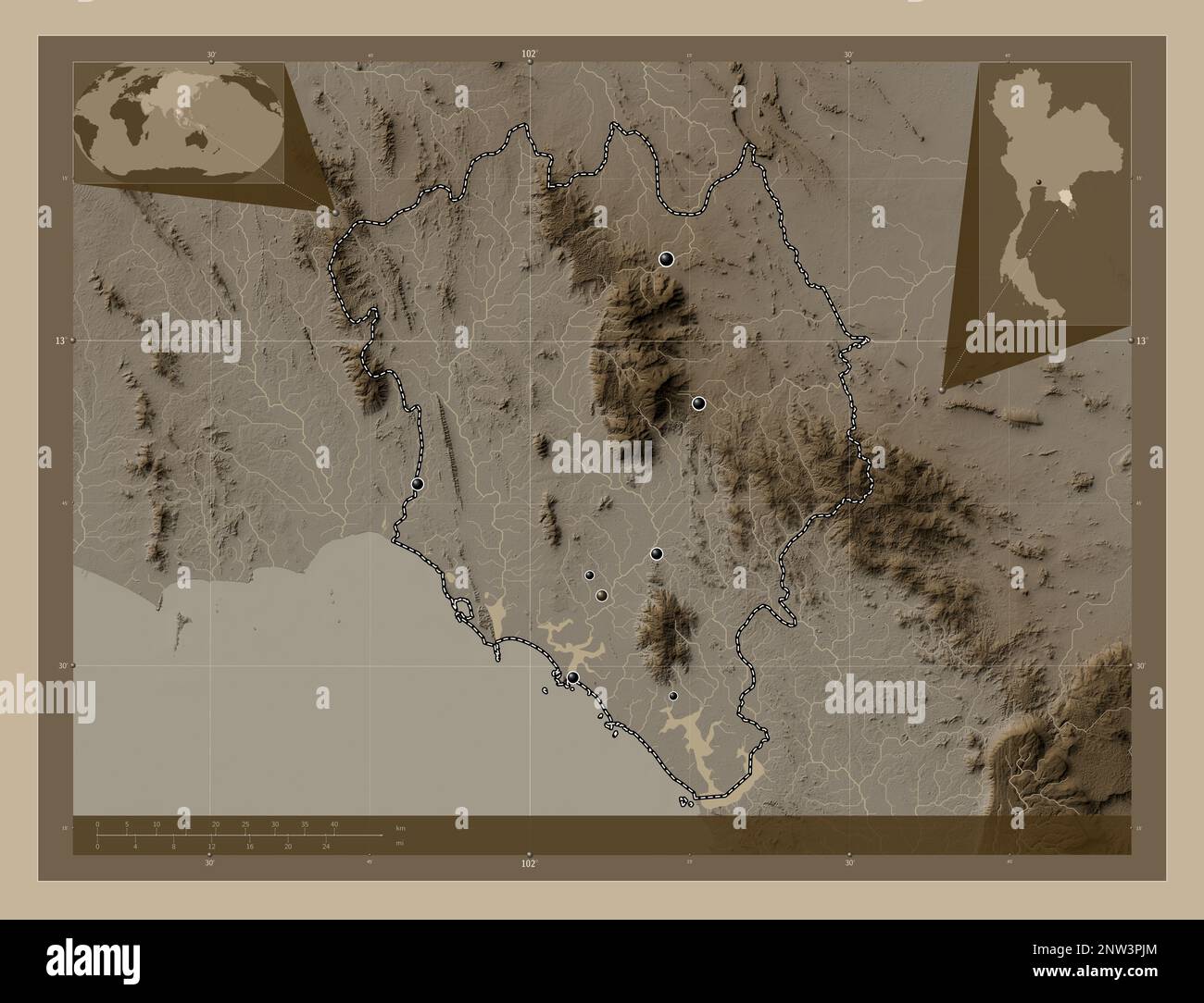 Chanthaburi, province of Thailand. Elevation map colored in sepia tones ...