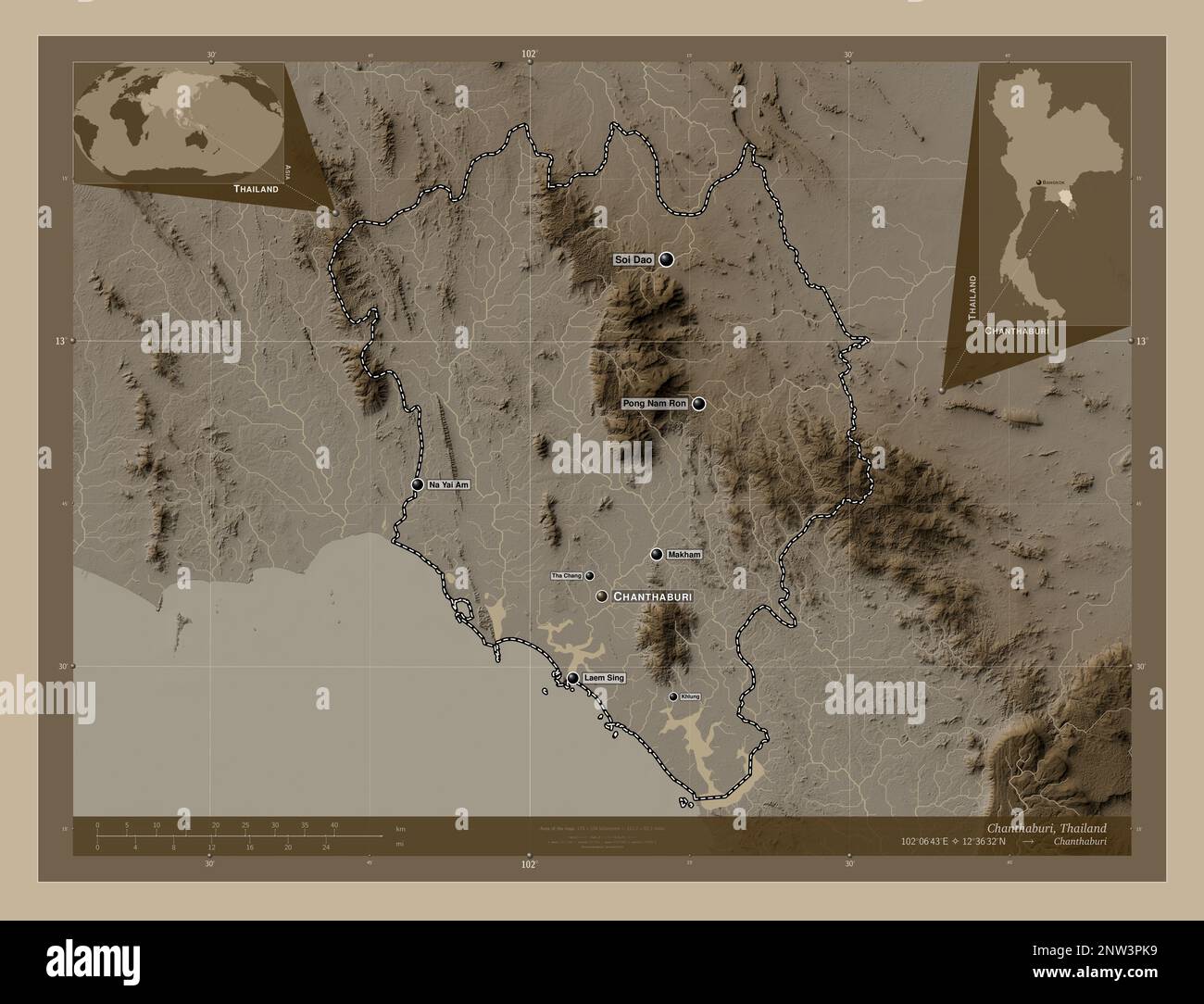 Chanthaburi, province of Thailand. Elevation map colored in sepia tones ...