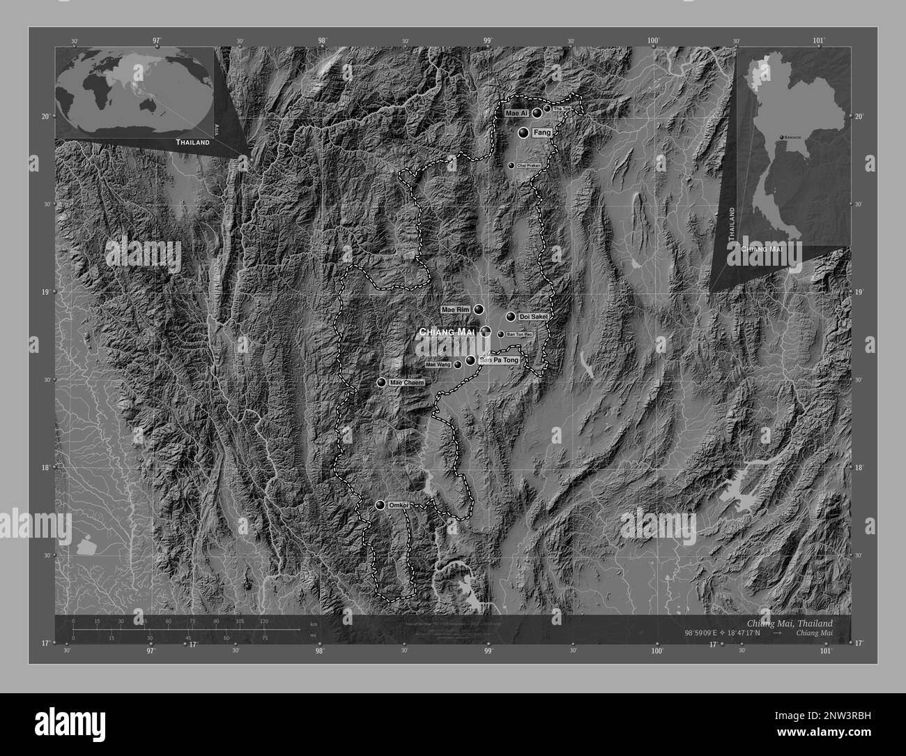 Chiang Mai, province of Thailand. Bilevel elevation map with lakes and ...
