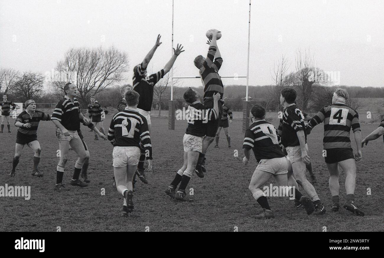 1980s, historical, amateur rugby union, leaping up, a forward player ...