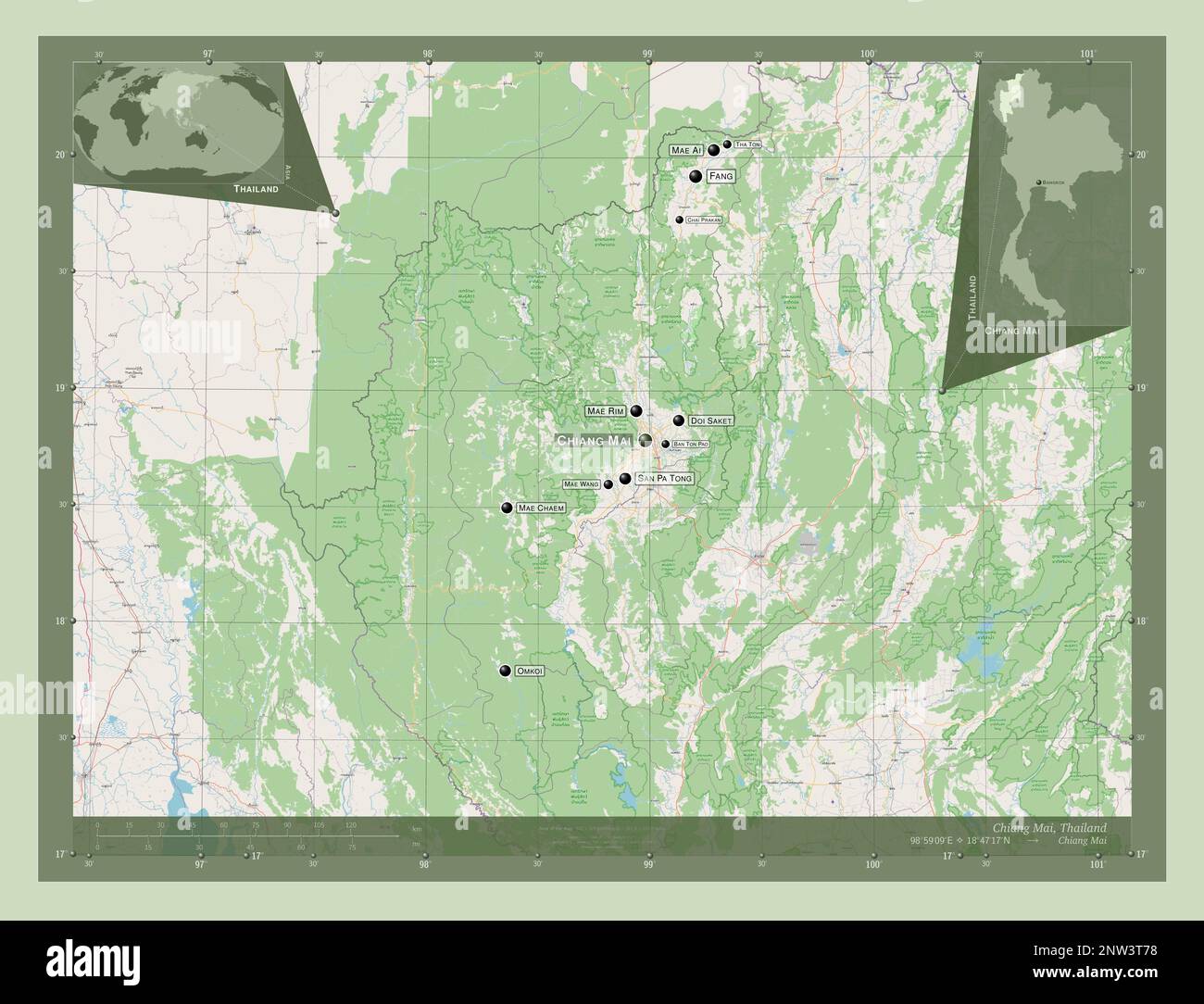 Chiang Mai, province of Thailand. Open Street Map. Locations and names ...