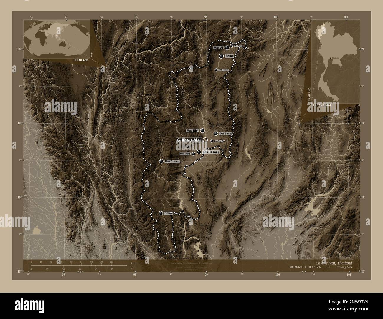 Chiang Mai, province of Thailand. Elevation map colored in sepia tones ...