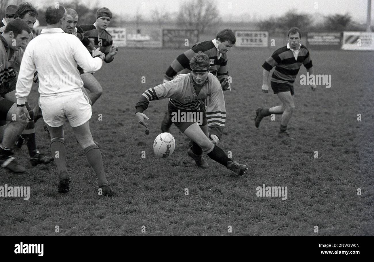 1980s, historical, amateur rugby union match, a player reaching for a ...
