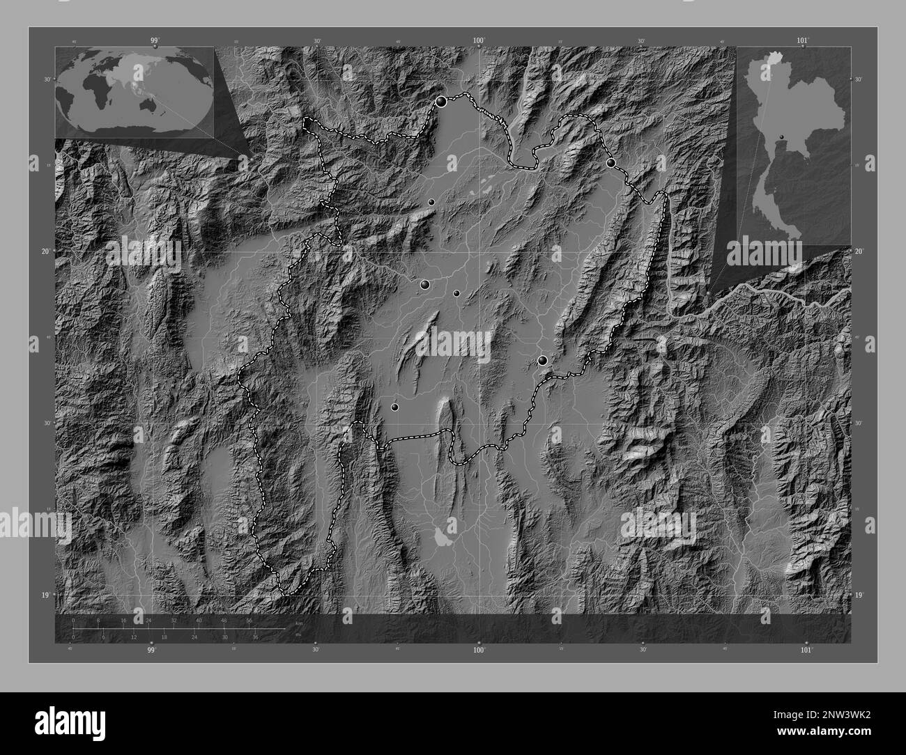 Chiang Rai, province of Thailand. Bilevel elevation map with lakes and ...