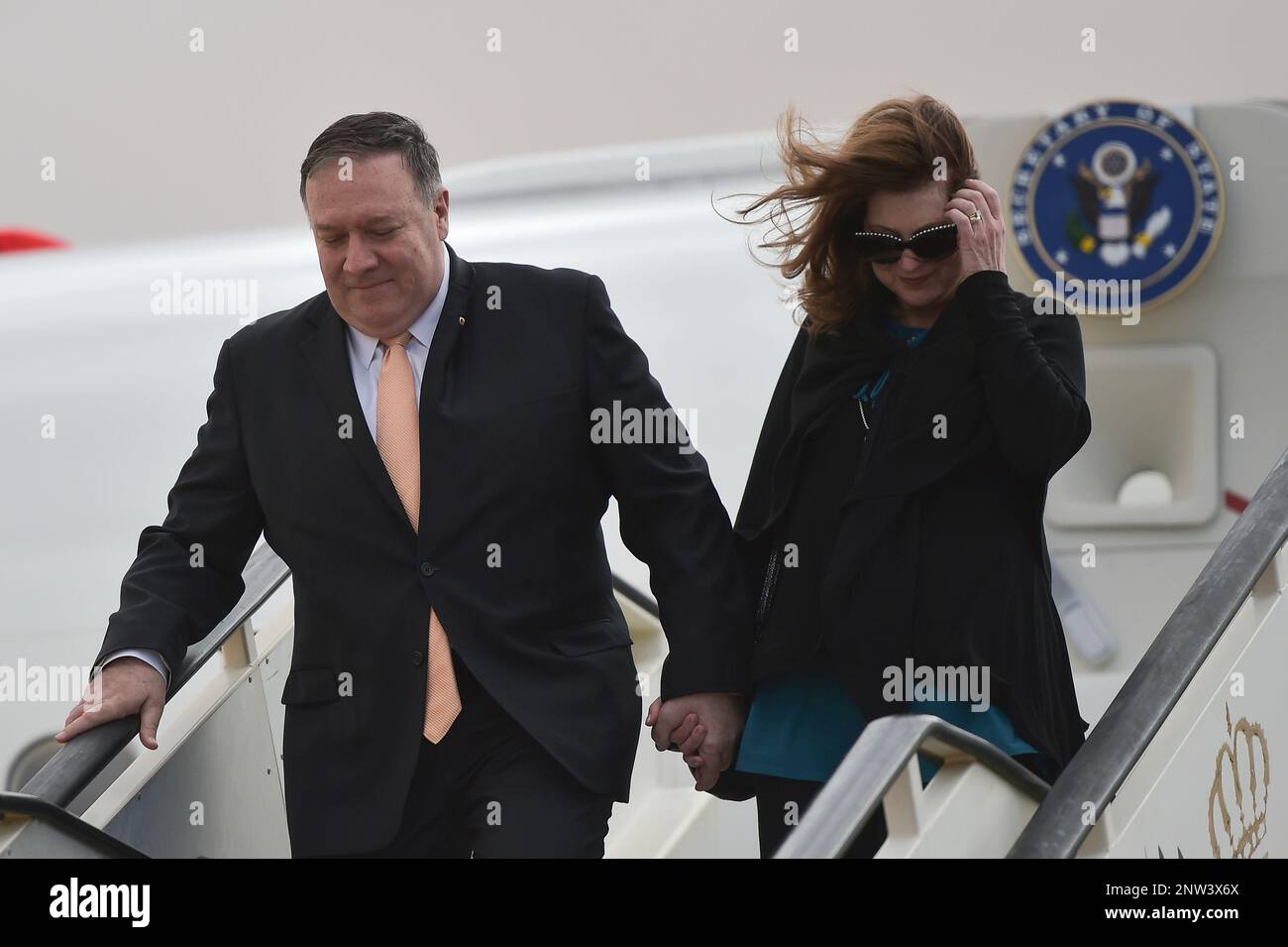Secretary of State Mike Pompeo and his wife Susan disembark from their ...