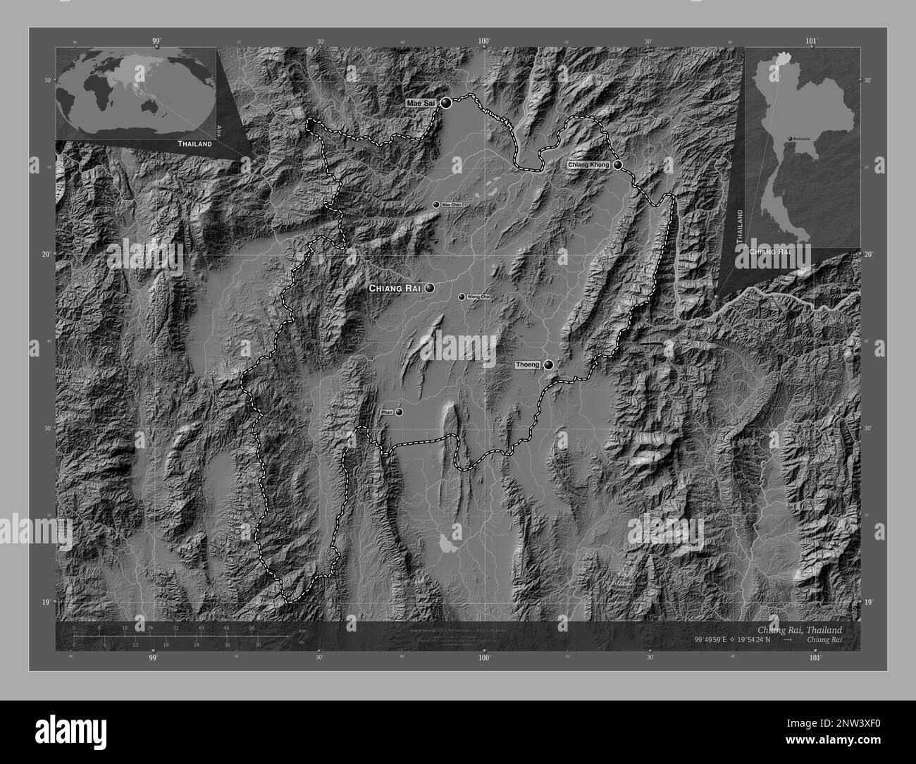 Chiang Rai, province of Thailand. Bilevel elevation map with lakes and ...