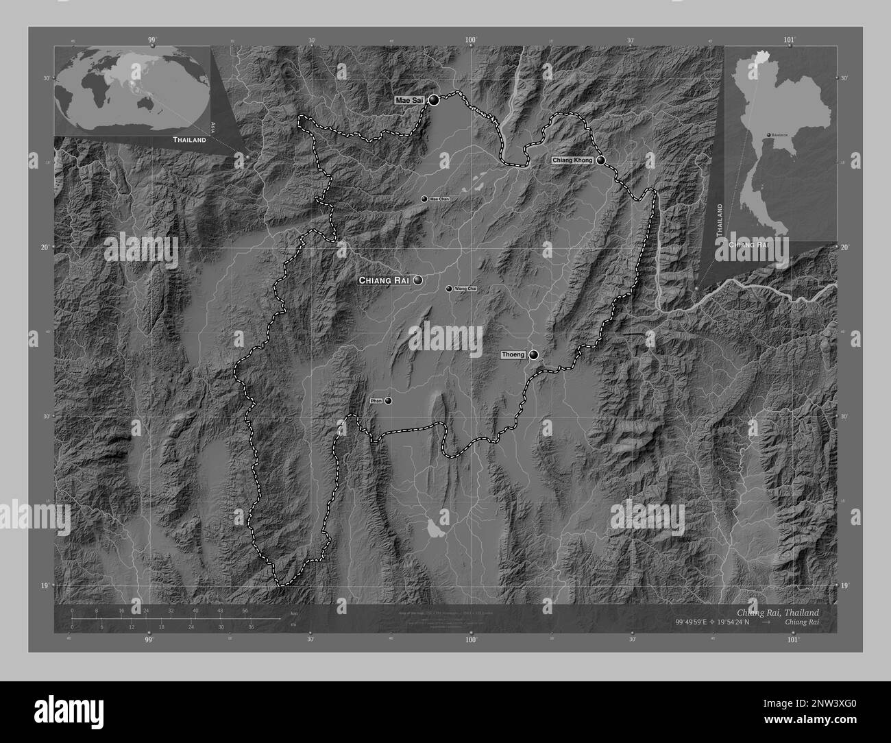 Chiang Rai, province of Thailand. Grayscale elevation map with lakes ...