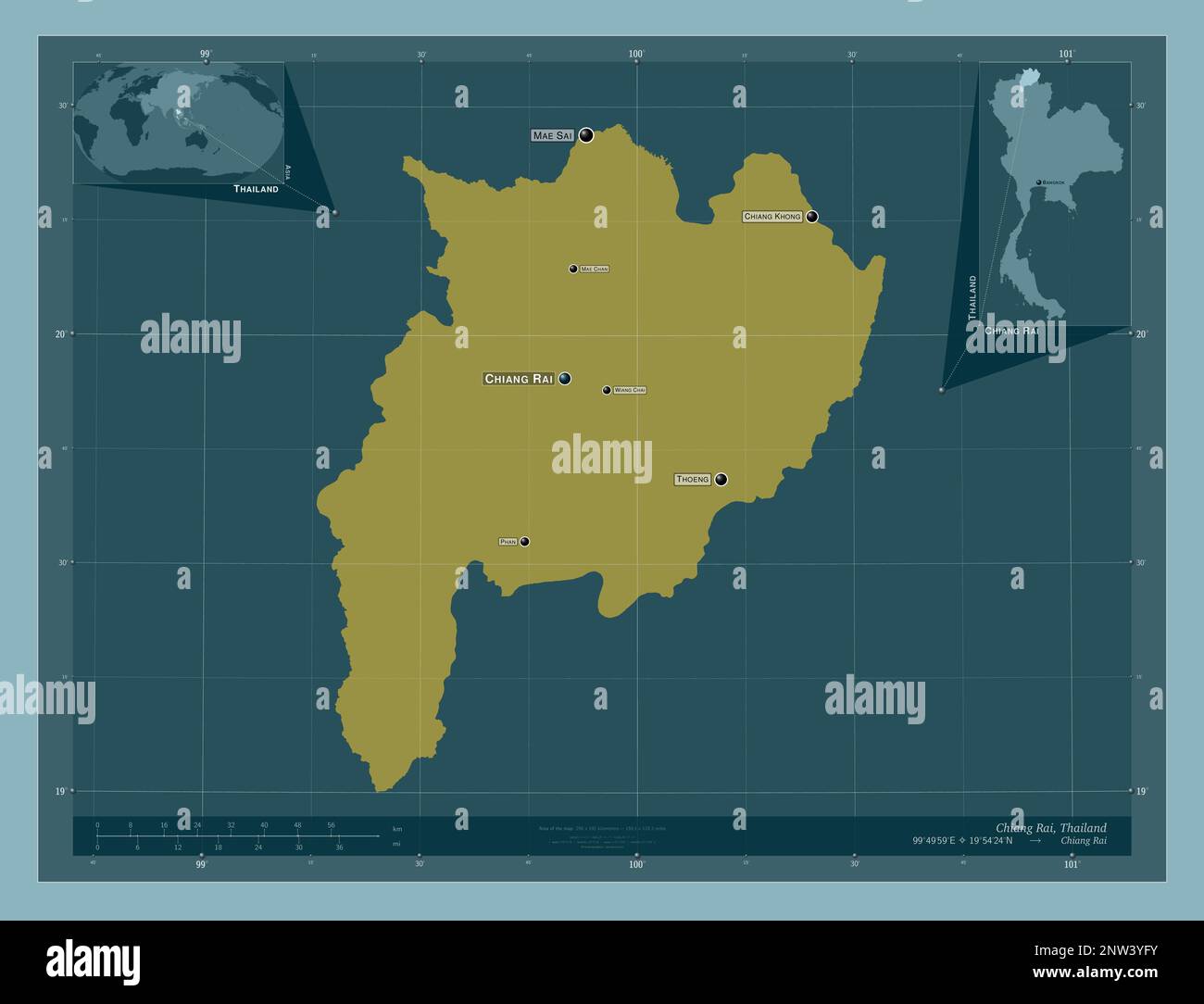Chiang Rai, province of Thailand. Solid color shape. Locations and ...