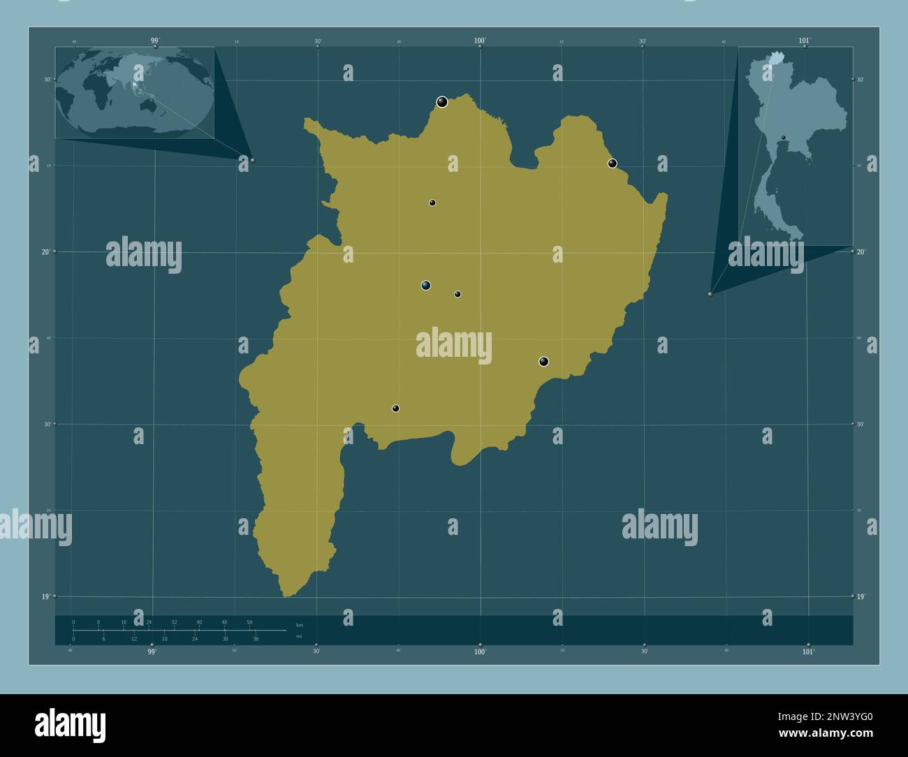 Chiang Rai, province of Thailand. Solid color shape. Locations of major ...