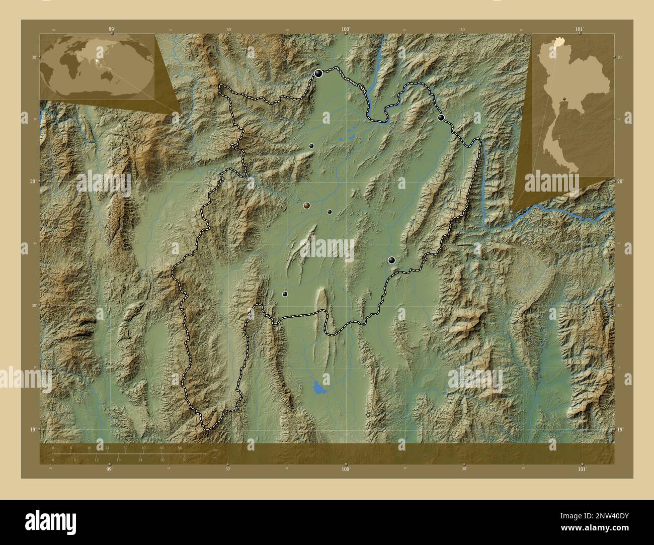 Chiang Rai, province of Thailand. Colored elevation map with lakes and ...