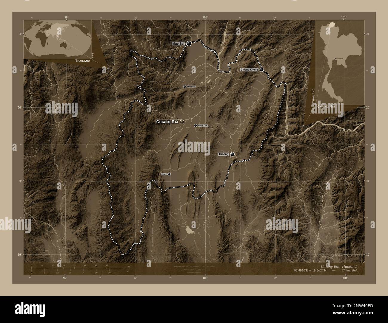 Chiang Rai, province of Thailand. Elevation map colored in sepia tones ...