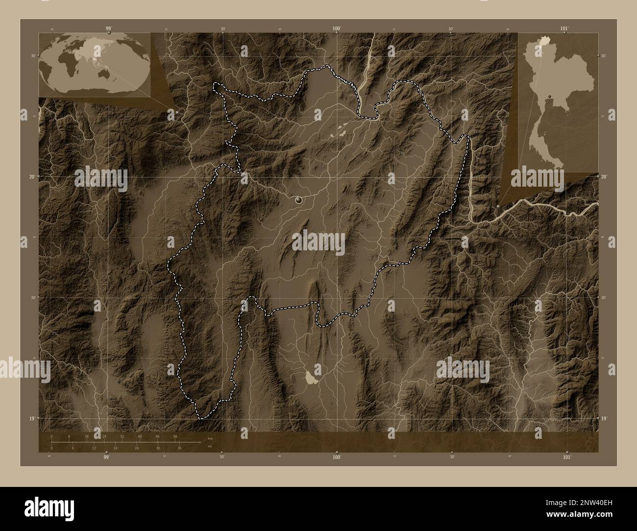Chiang Rai, province of Thailand. Elevation map colored in sepia tones ...