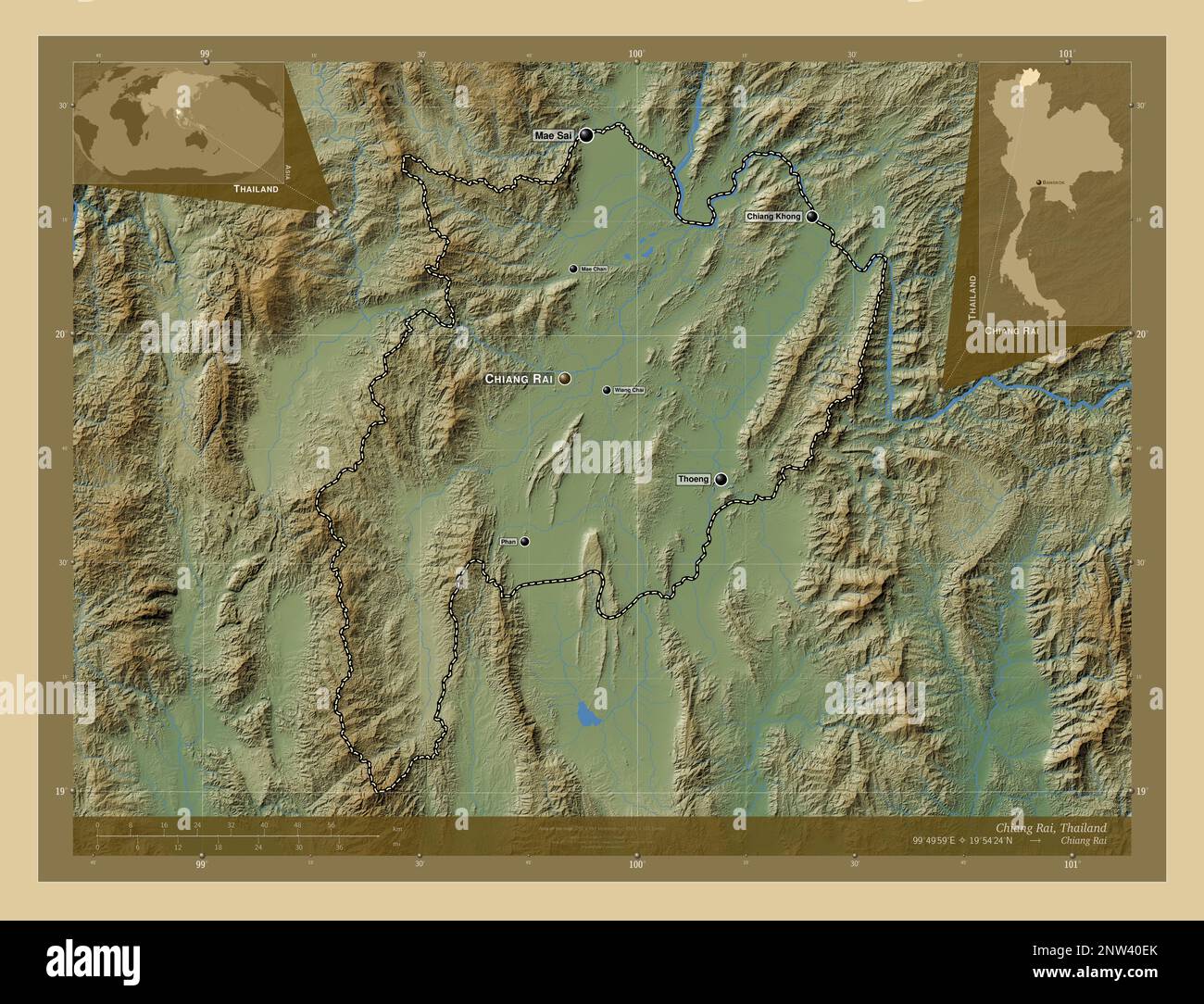 Chiang Rai, province of Thailand. Colored elevation map with lakes and ...