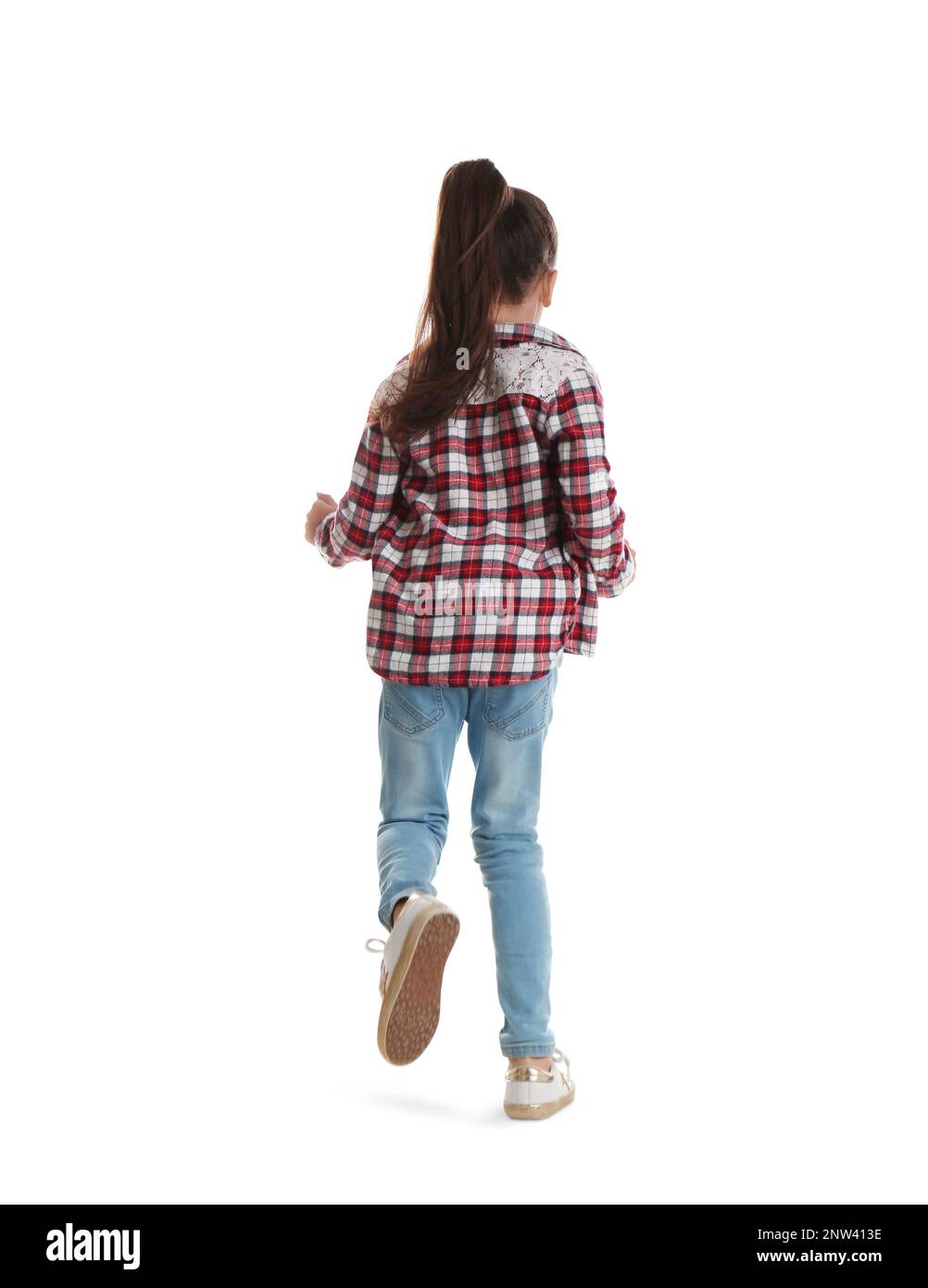 Cute little girl running on white background, back view Stock Photo - Alamy