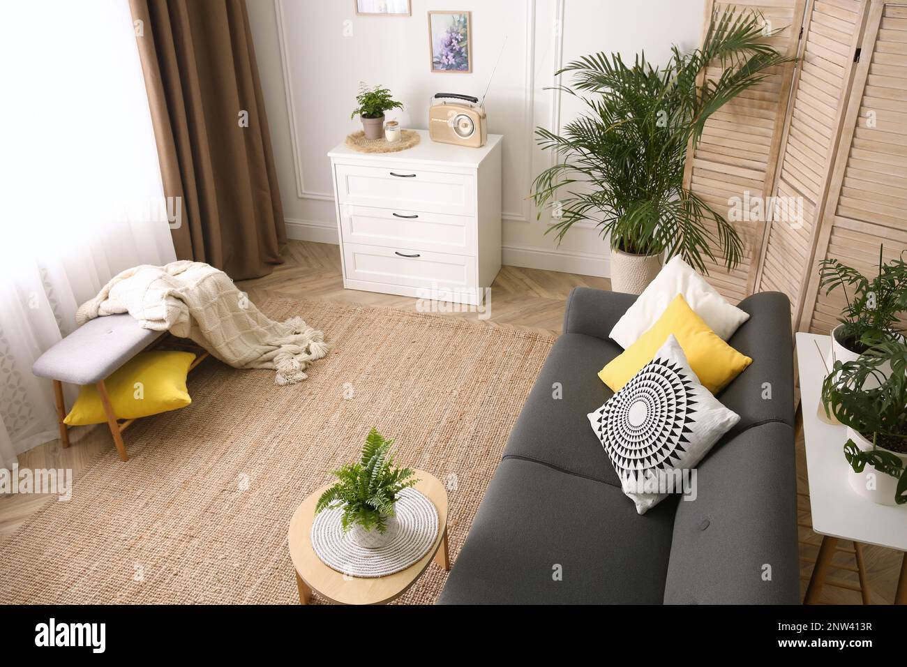 Stylish living room interior with comfortable sofa, above view Stock ...