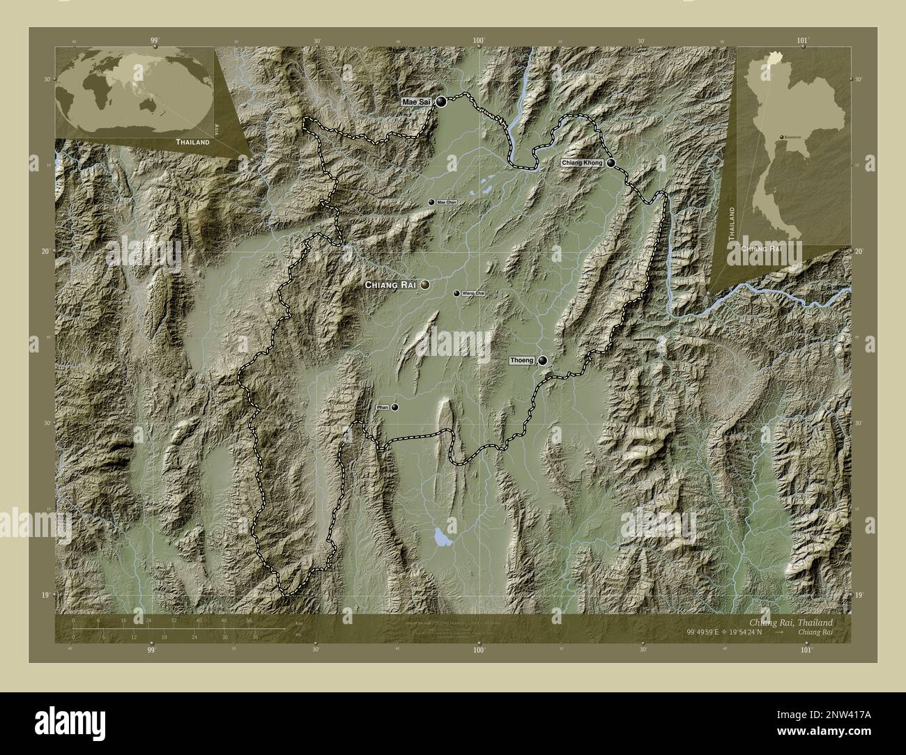 Chiang Rai, province of Thailand. Elevation map colored in wiki style ...
