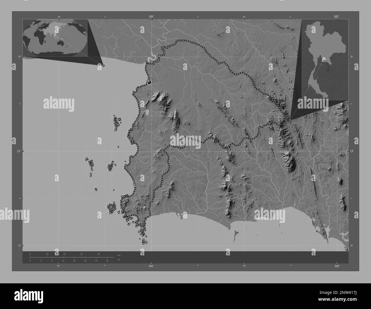 Chon Buri, province of Thailand. Bilevel elevation map with lakes and ...