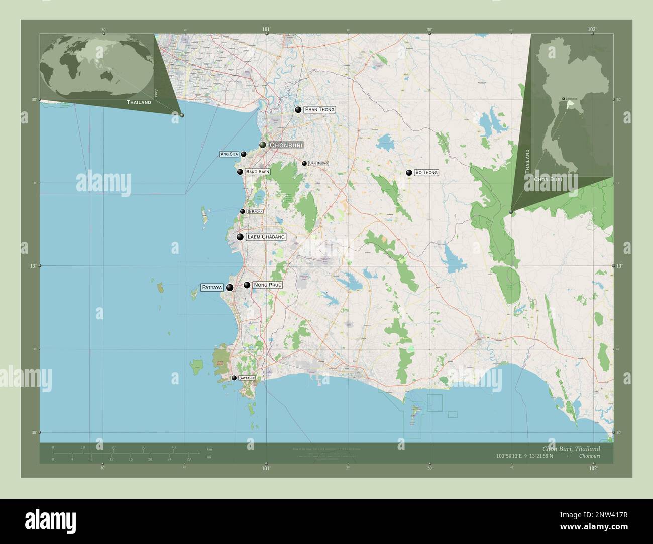 Chon Buri, province of Thailand. Open Street Map. Locations and names ...