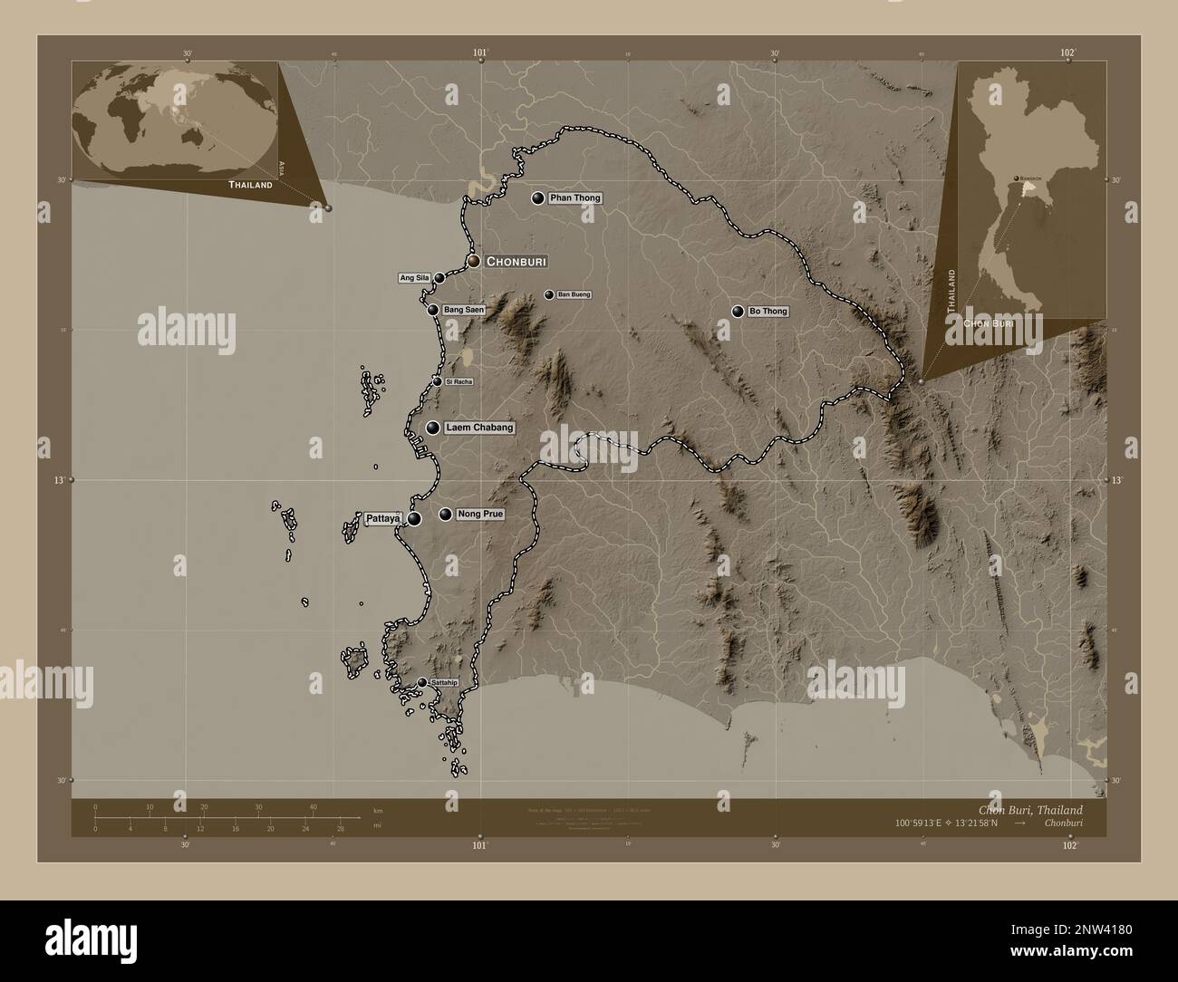 Chon Buri, province of Thailand. Elevation map colored in sepia tones ...