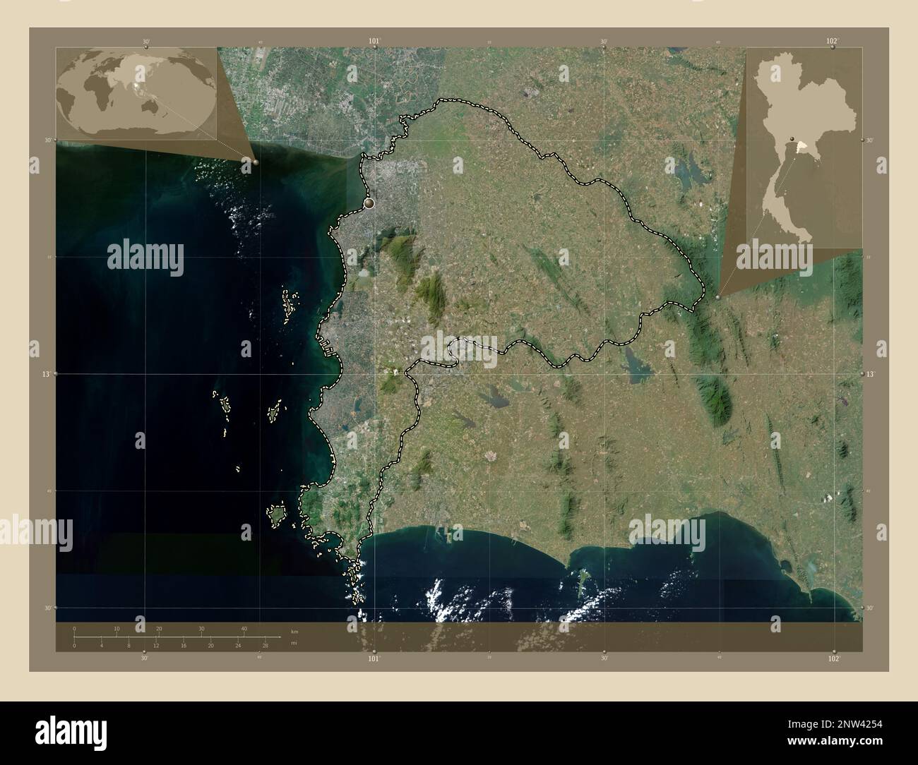 Chon Buri, province of Thailand. High resolution satellite map. Corner ...