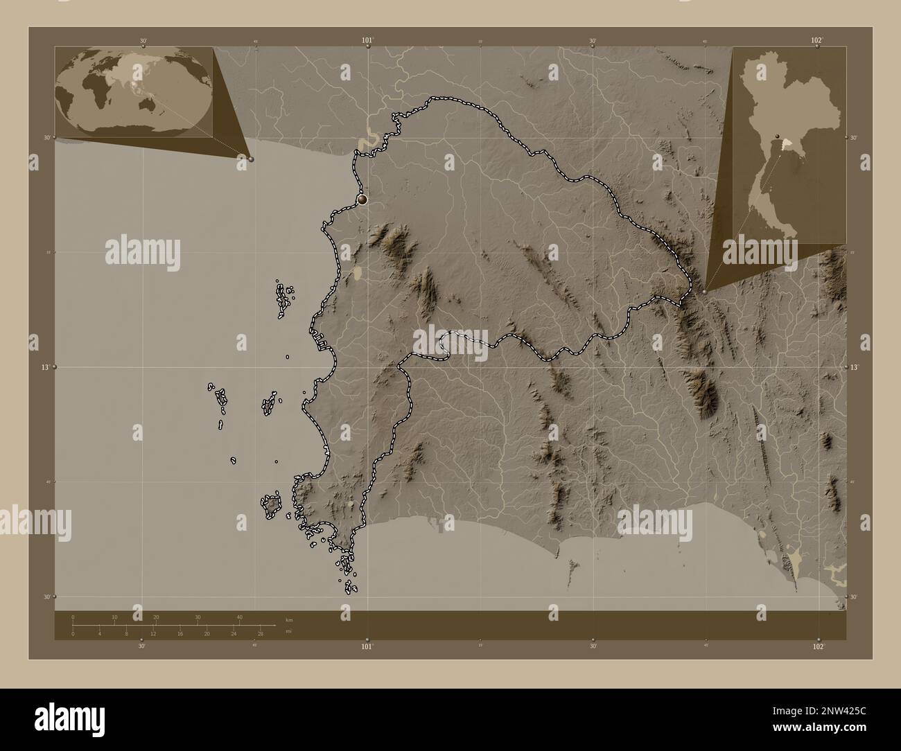 Chon Buri, province of Thailand. Elevation map colored in sepia tones ...