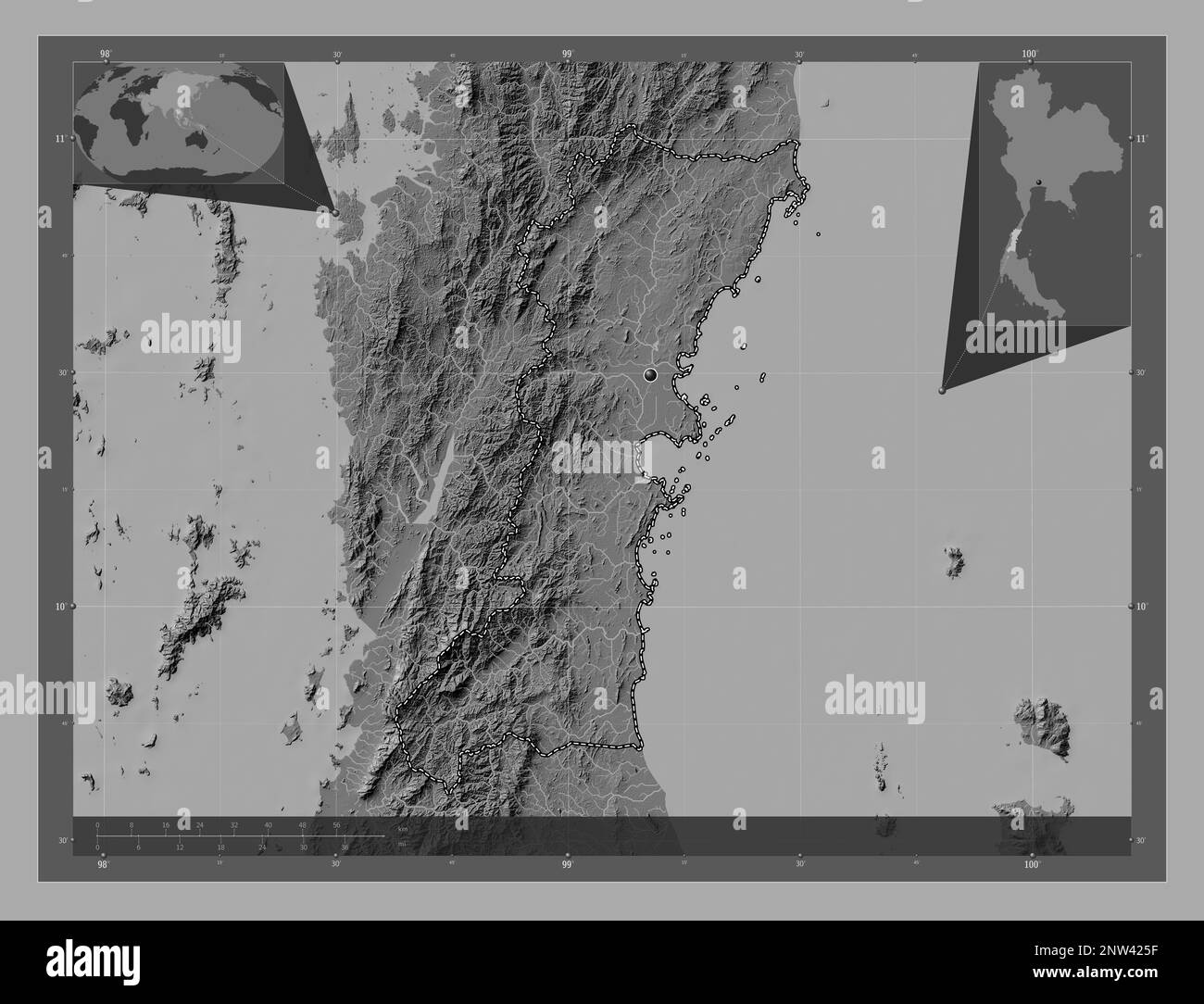 Chumphon, province of Thailand. Bilevel elevation map with lakes and ...