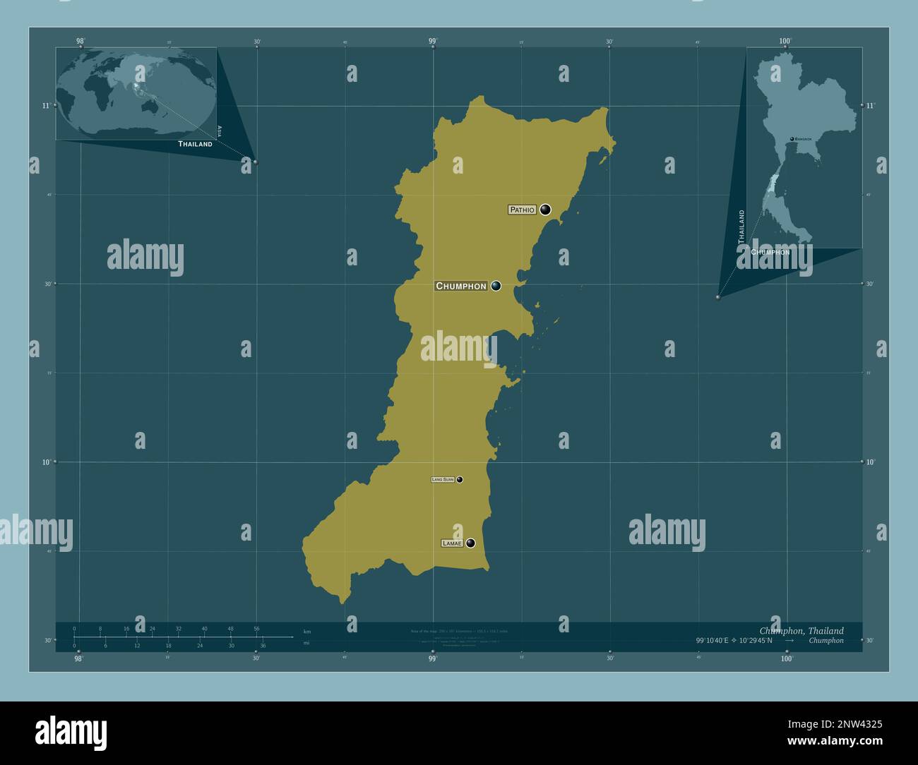 Chumphon, province of Thailand. Solid color shape. Locations and names ...