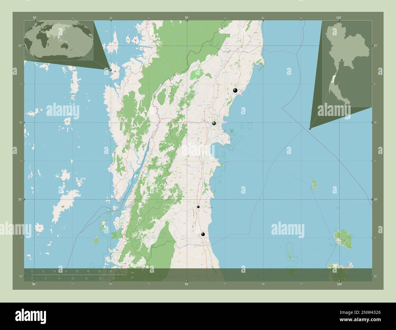 Chumphon, province of Thailand. Open Street Map. Locations of major ...