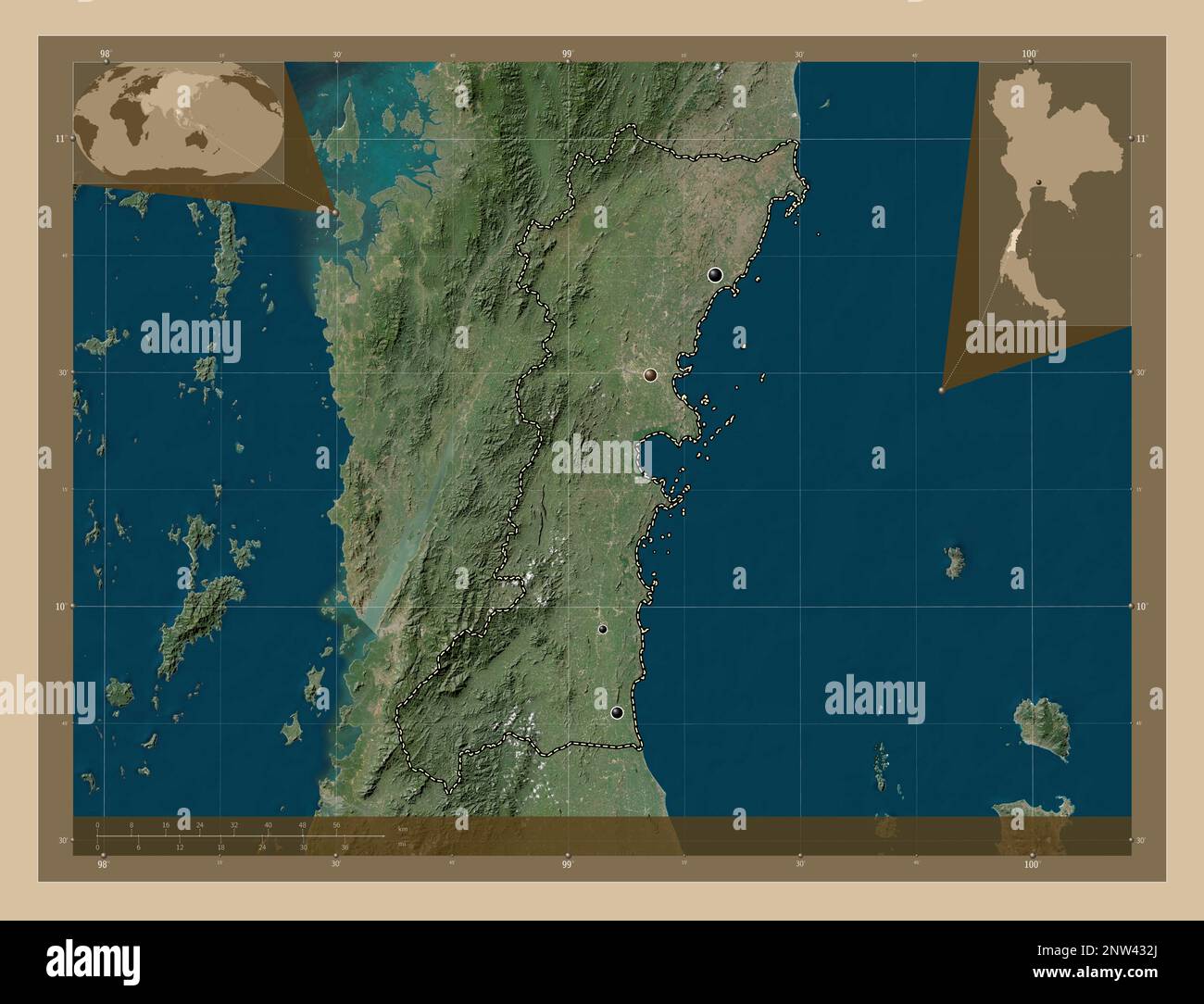 Chumphon, province of Thailand. Low resolution satellite map. Locations ...