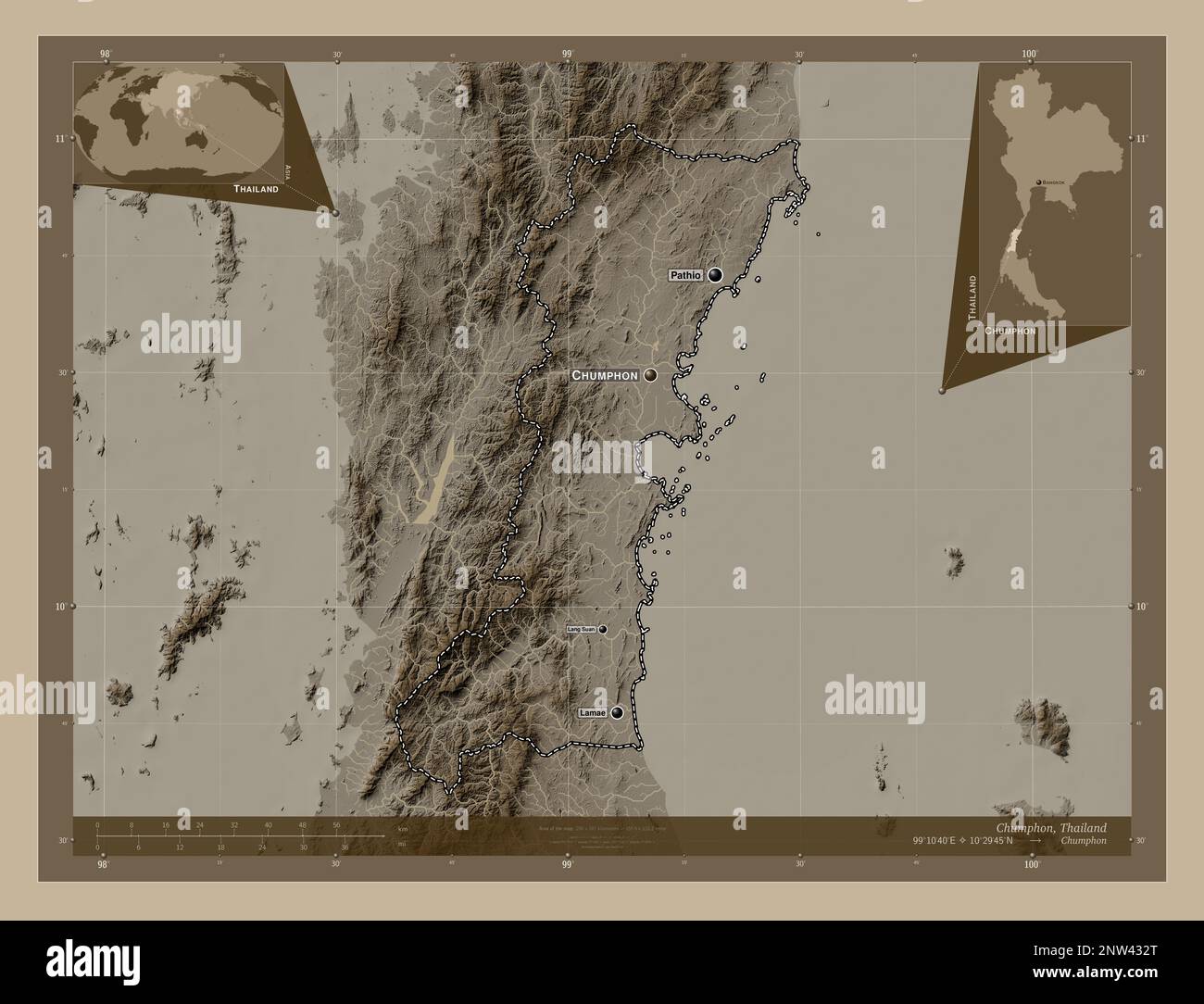 Chumphon, province of Thailand. Elevation map colored in sepia tones ...