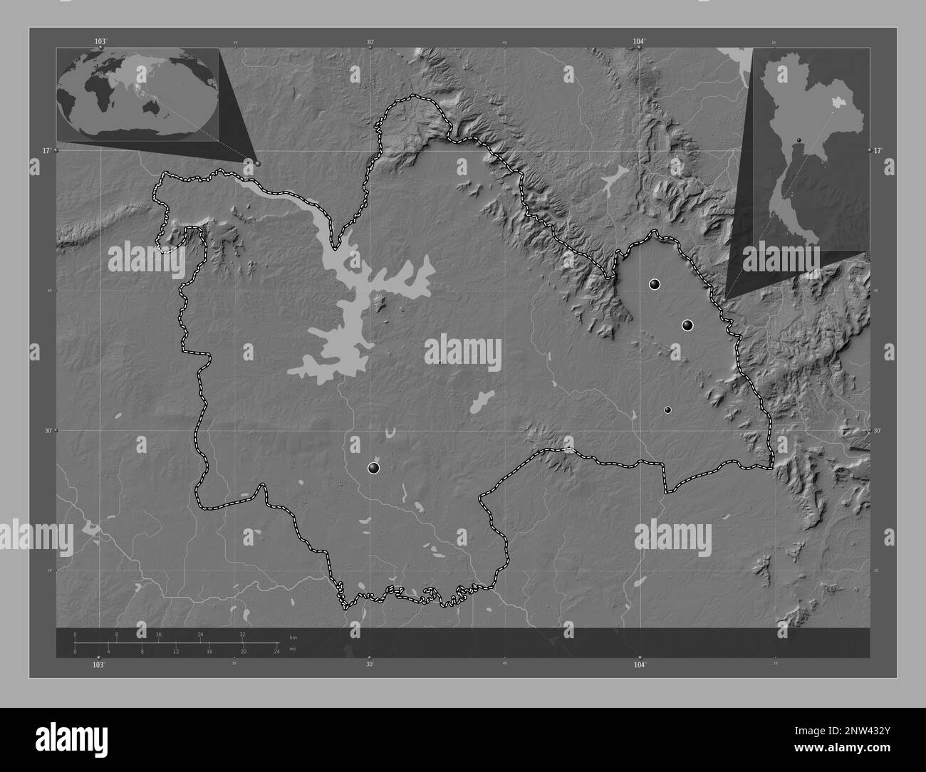 Kalasin, province of Thailand. Bilevel elevation map with lakes and ...