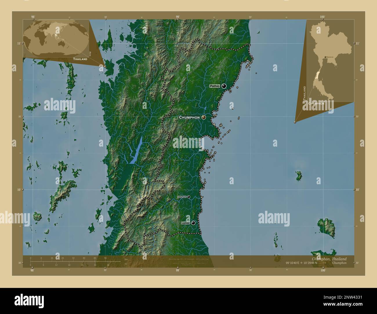 Chumphon, province of Thailand. Colored elevation map with lakes and ...