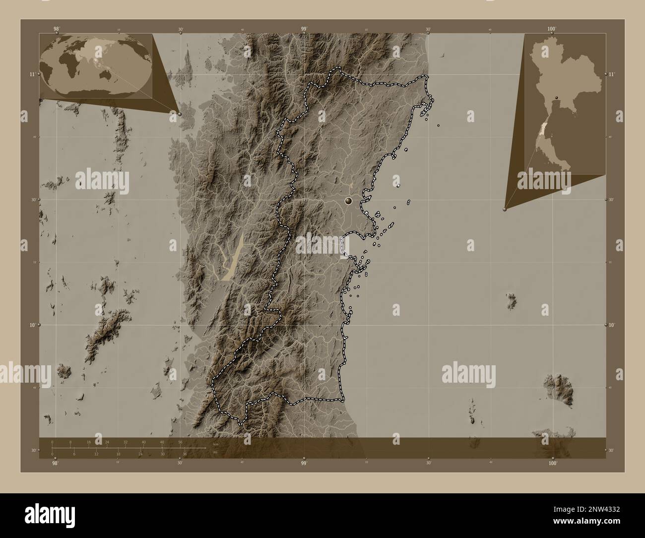 Chumphon, province of Thailand. Elevation map colored in sepia tones ...
