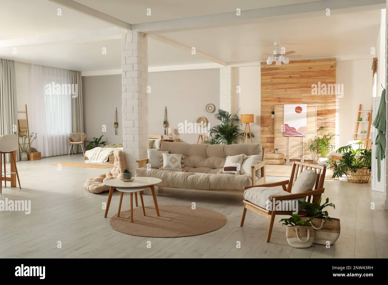 Spacious apartment interior with stylish wooden furniture. Idea for ...