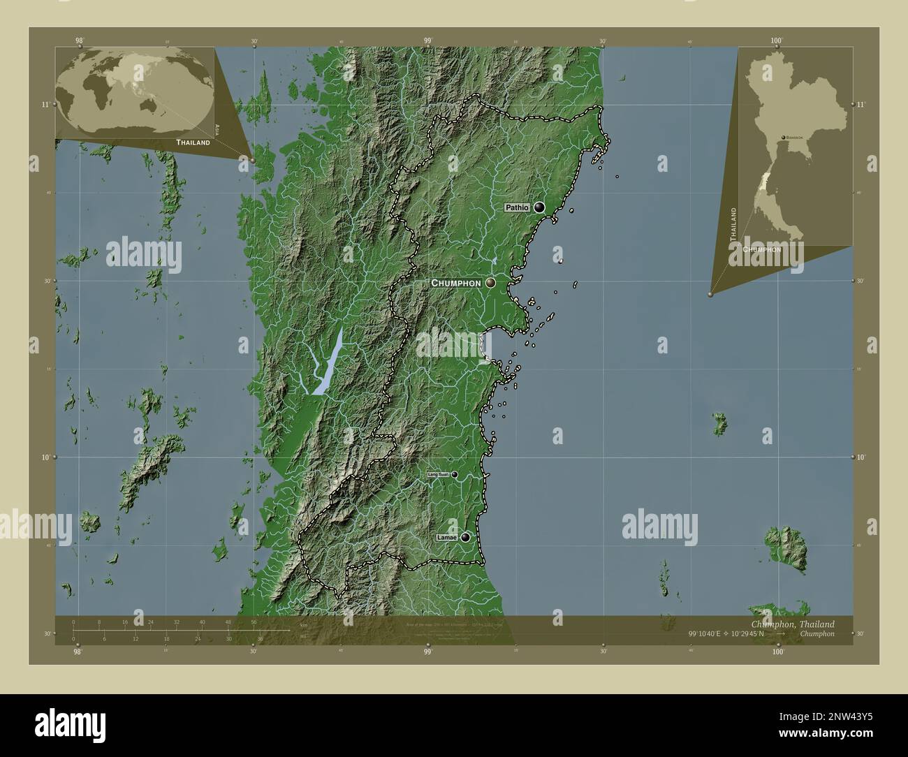 Chumphon, province of Thailand. Elevation map colored in wiki style ...