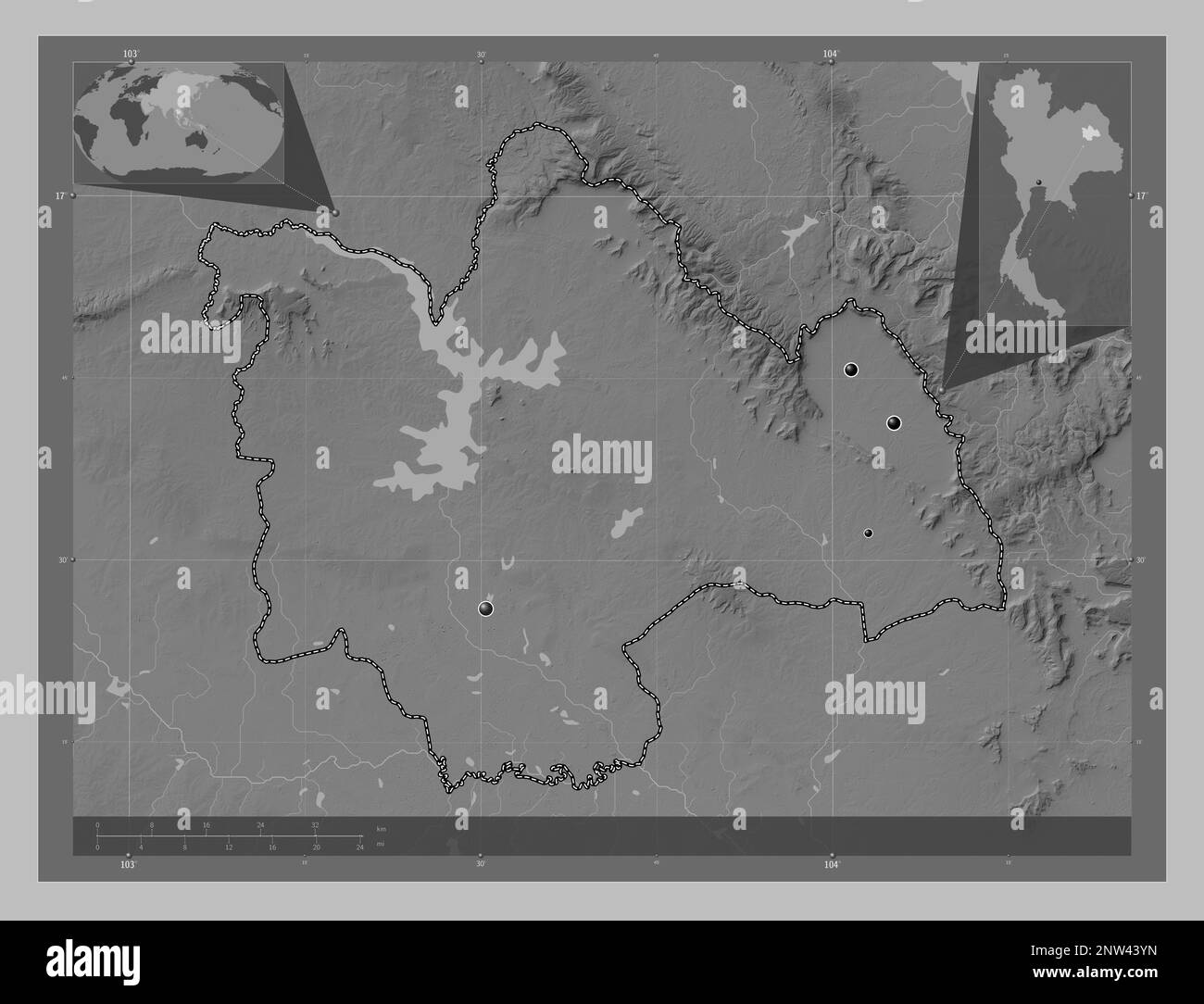 Kalasin, province of Thailand. Grayscale elevation map with lakes and ...