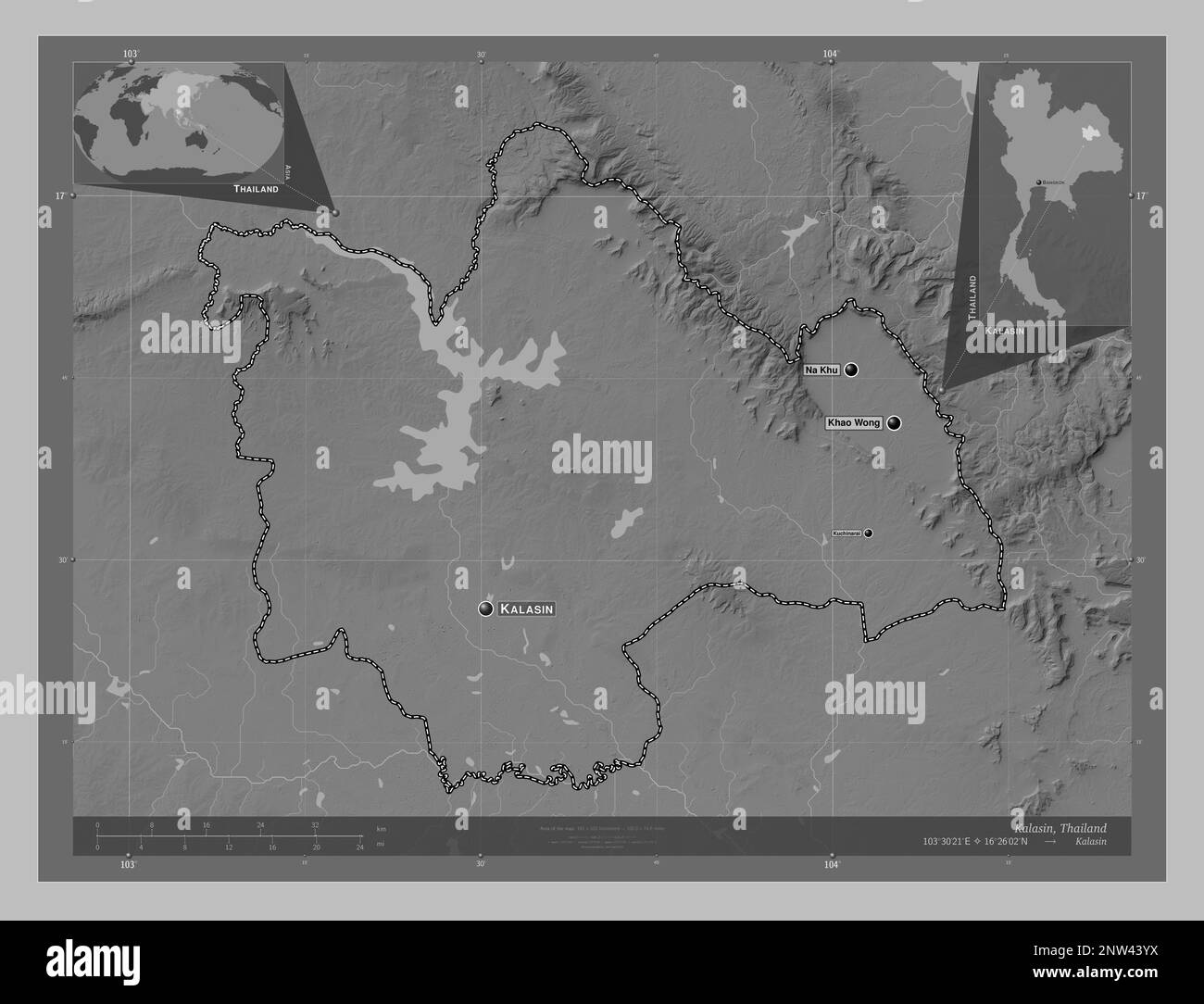 Kalasin, province of Thailand. Grayscale elevation map with lakes and ...