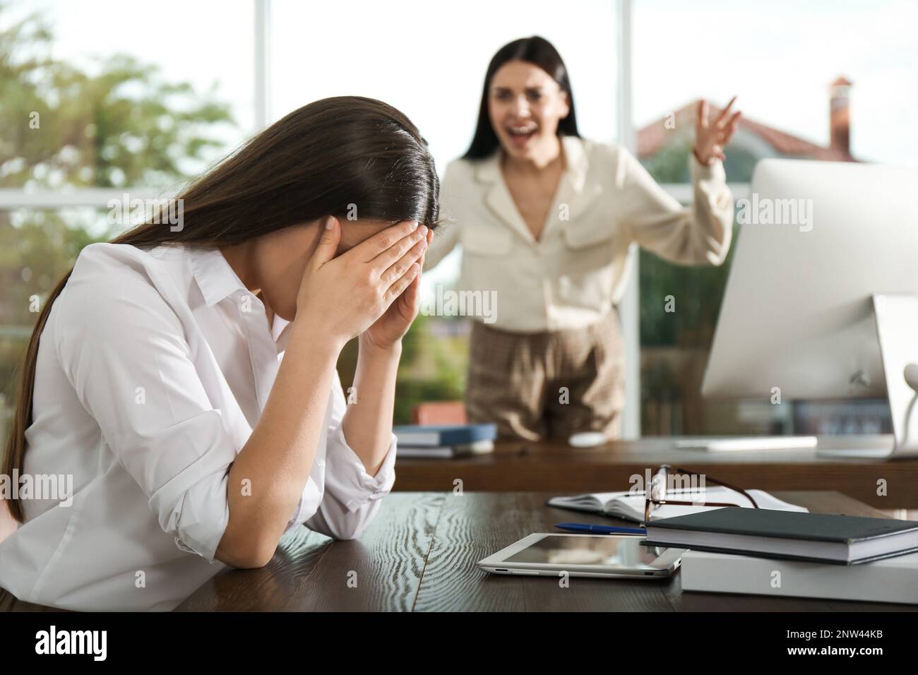 Boss screaming at employee in office. Toxic work environment Stock ...
