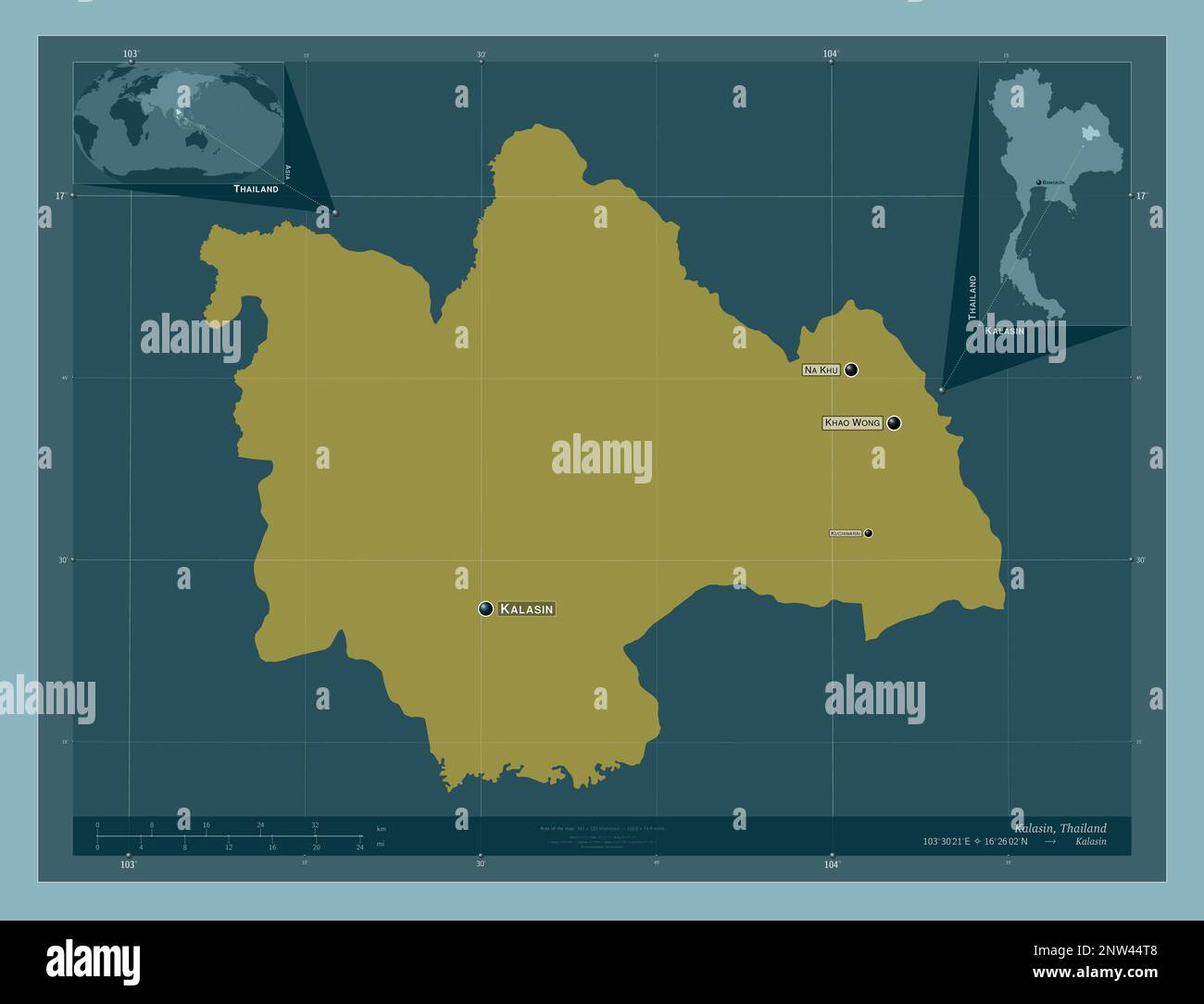 Kalasin, province of Thailand. Solid color shape. Locations and names ...