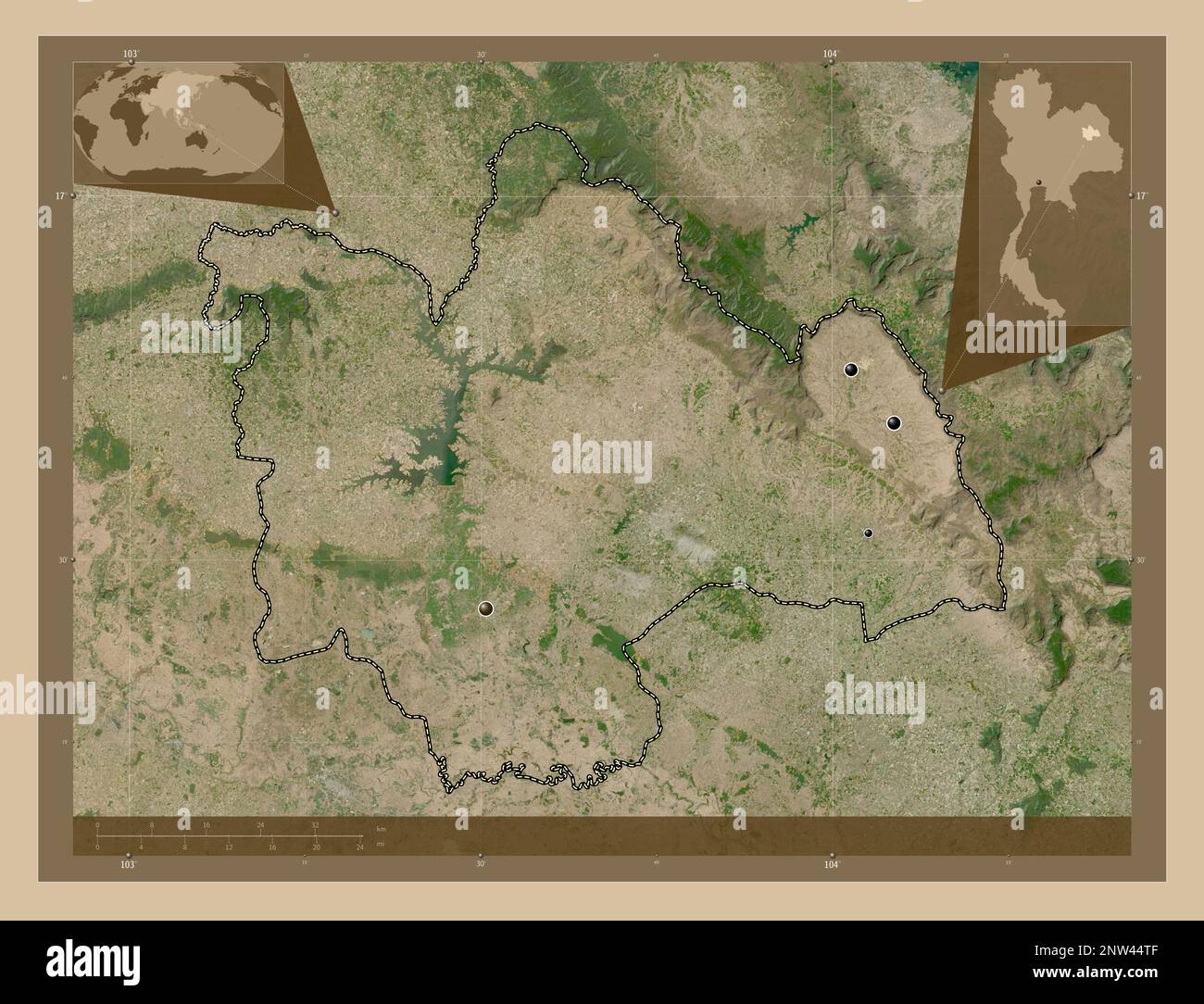 Kalasin, province of Thailand. Low resolution satellite map. Locations ...