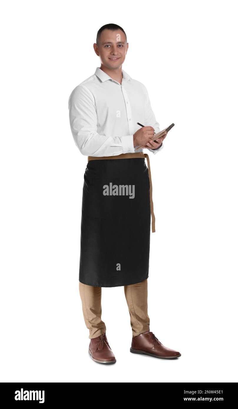 Full length portrait of happy young waiter with notebook on white ...