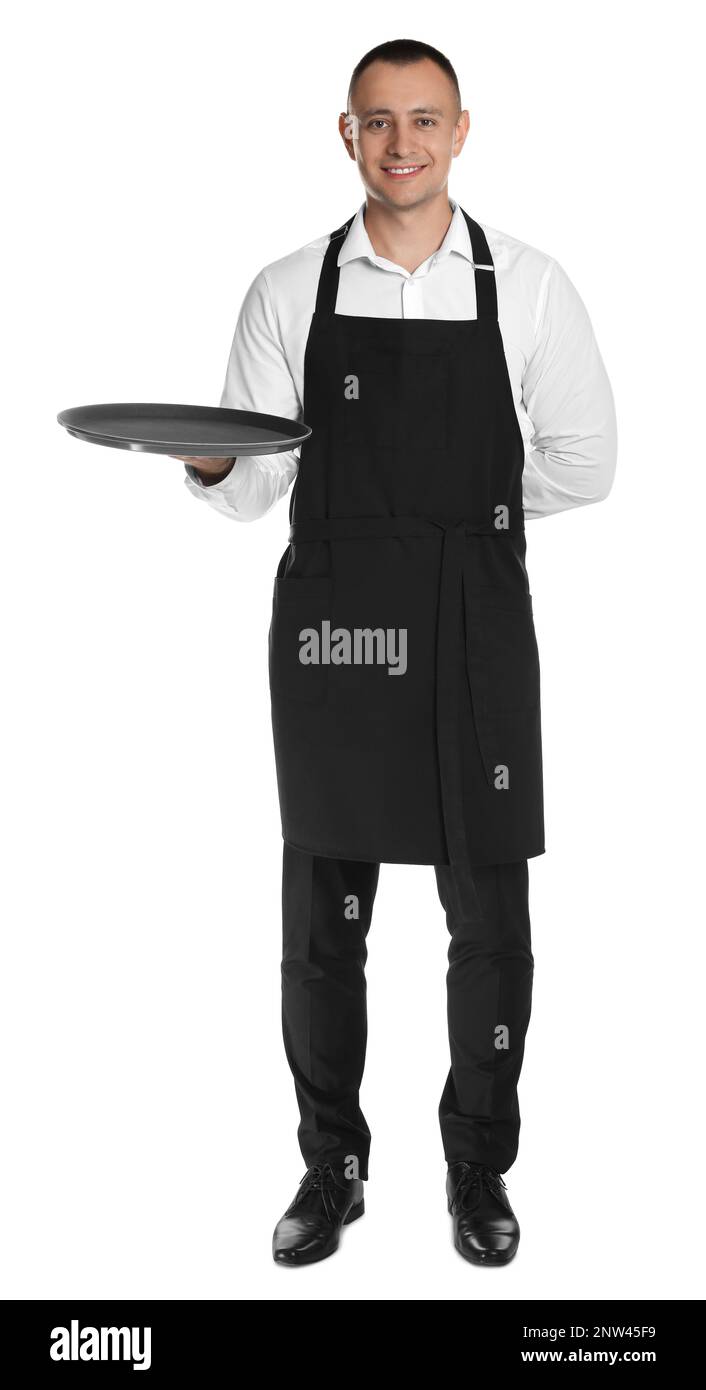 Full length portrait of happy young waiter with tray on white ...