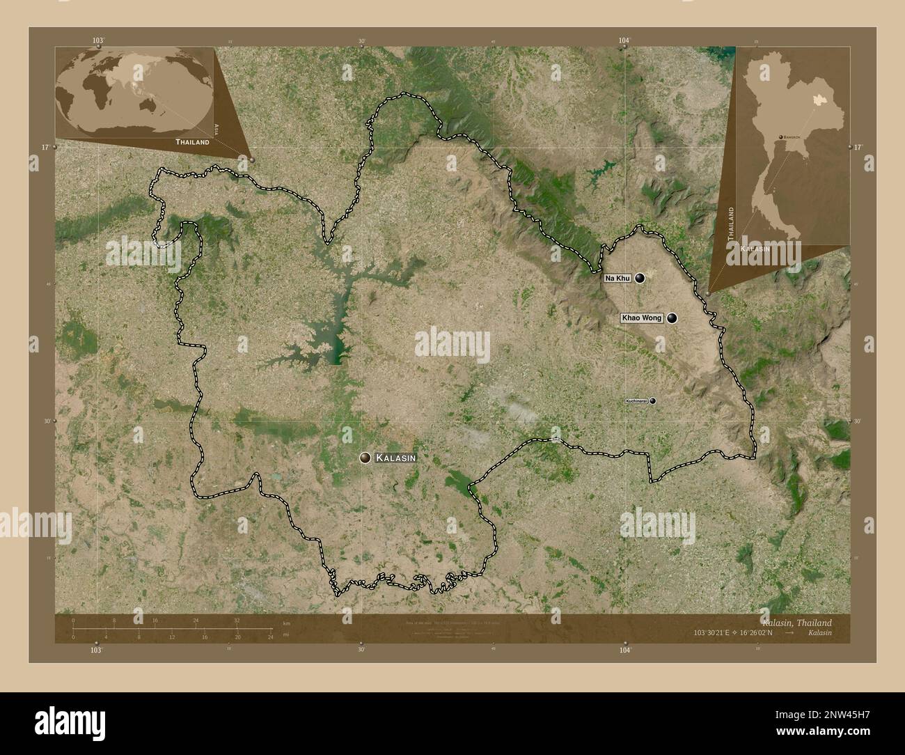 Kalasin, province of Thailand. Low resolution satellite map. Locations ...