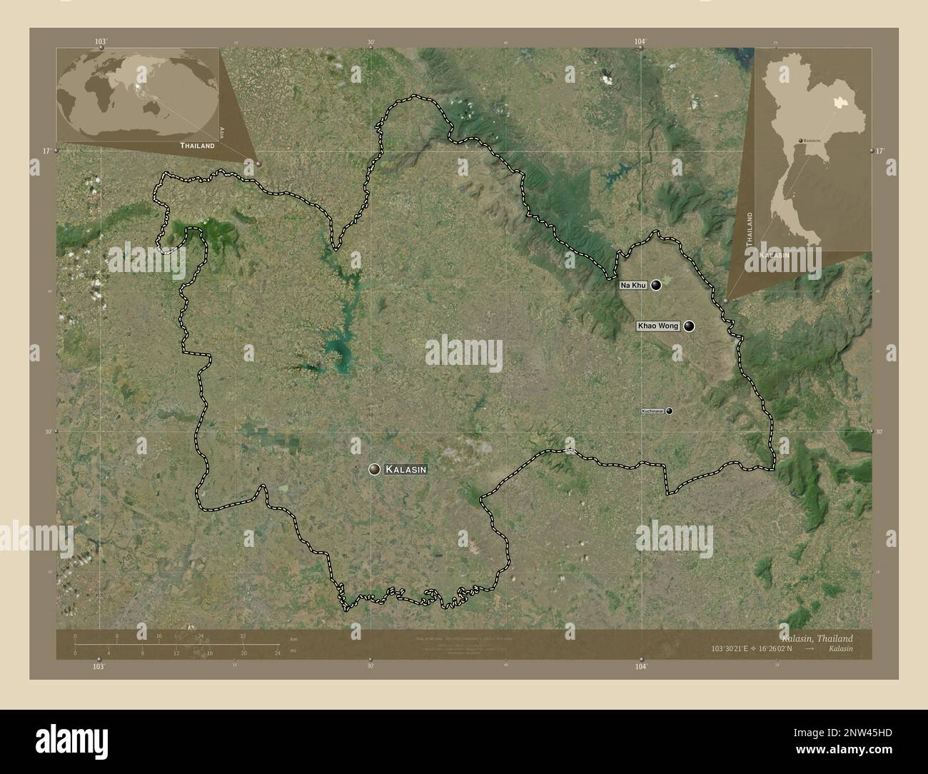 Kalasin, province of Thailand. High resolution satellite map. Locations ...