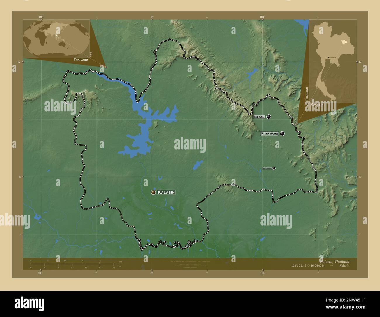Kalasin, province of Thailand. Colored elevation map with lakes and ...
