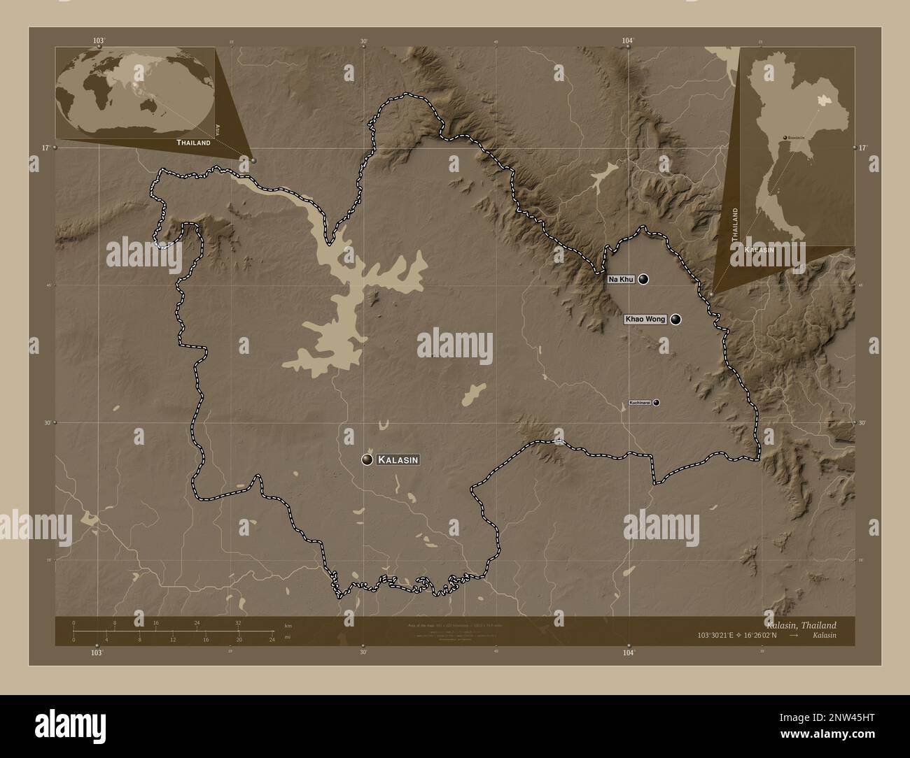 Kalasin, province of Thailand. Elevation map colored in sepia tones ...