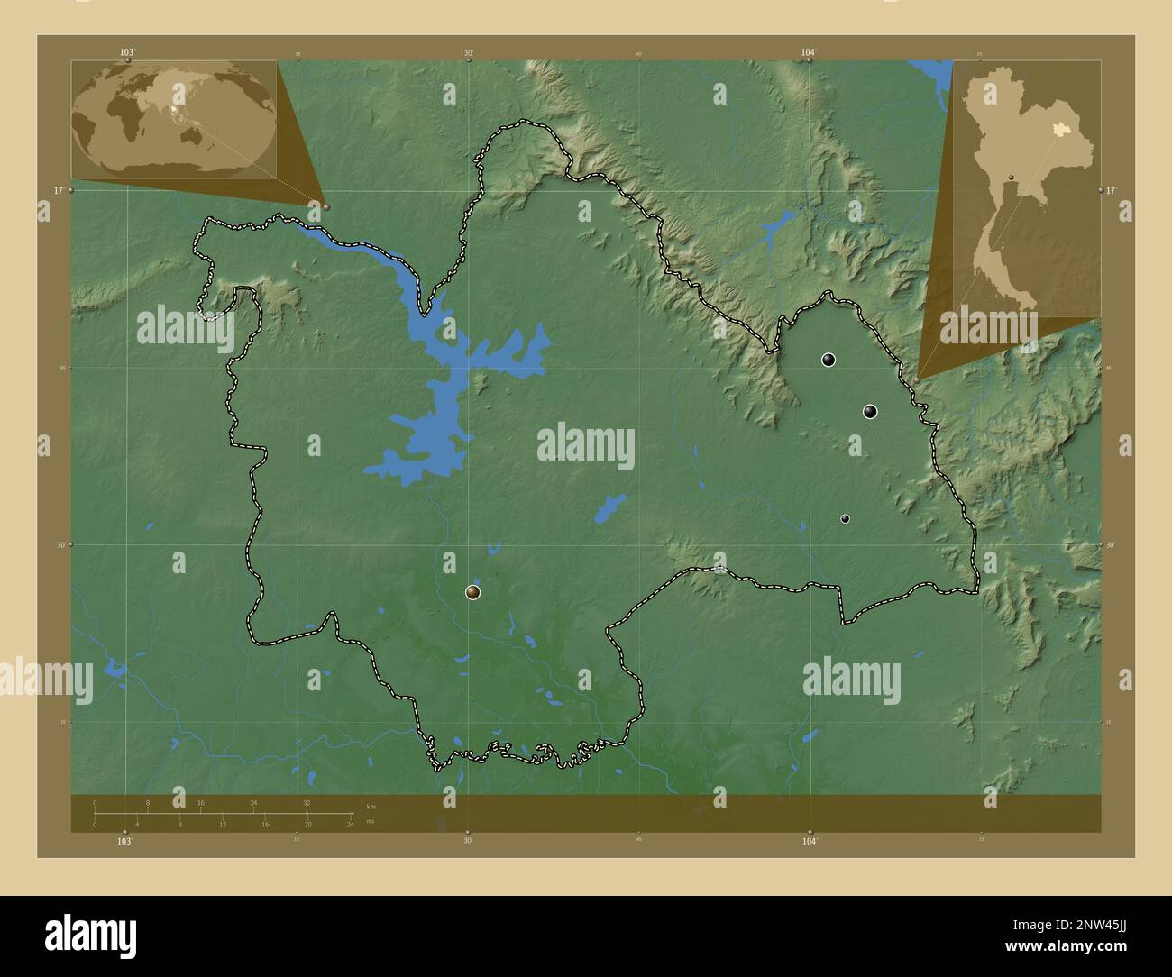 Kalasin, province of Thailand. Colored elevation map with lakes and ...