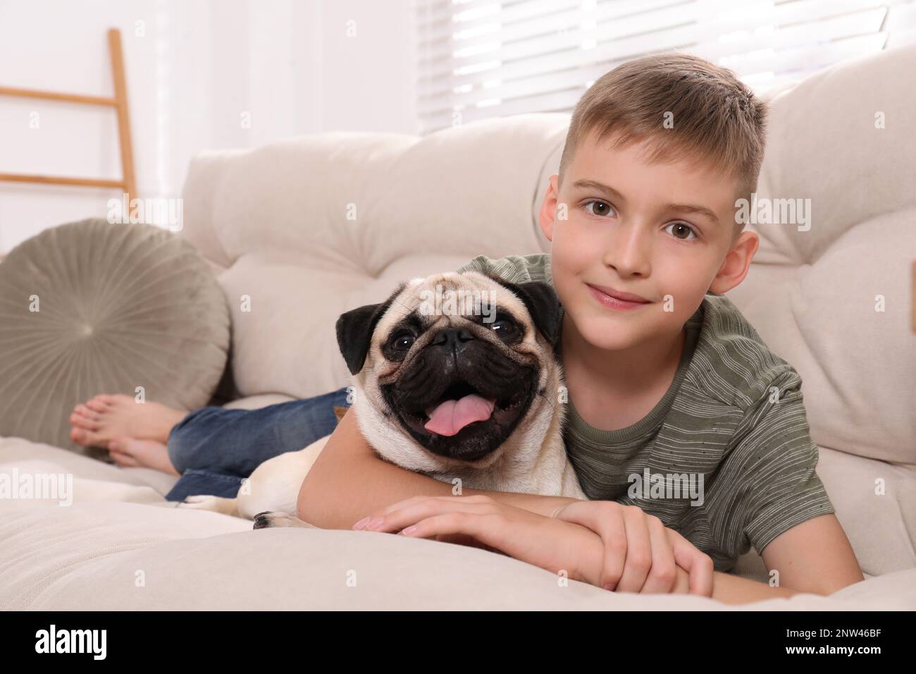 Boy with his cute pug on sofa at home Stock Photo - Alamy